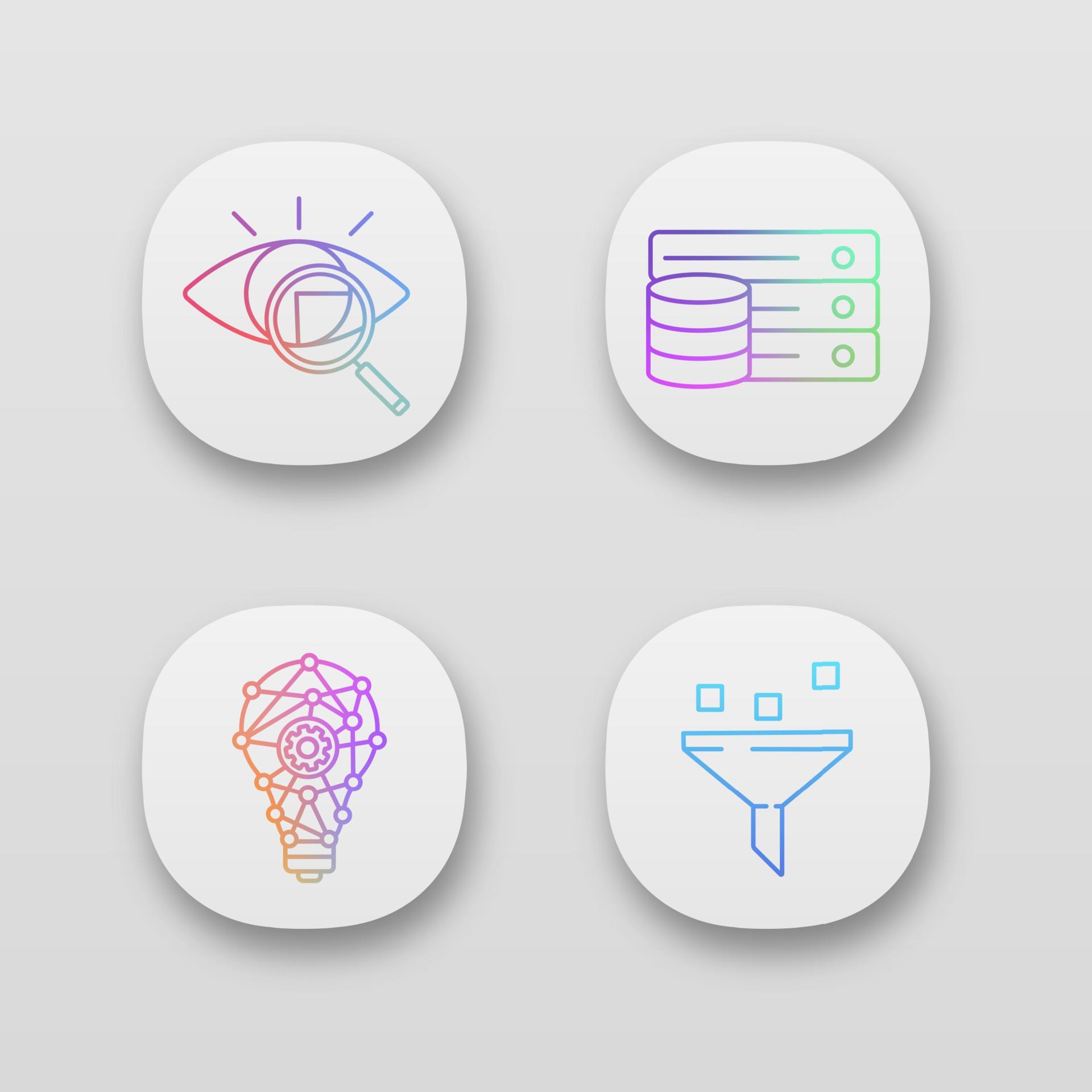 Machine Learning App Icons Set Retina Scan Database Innovation Process Data Filtering Uiux