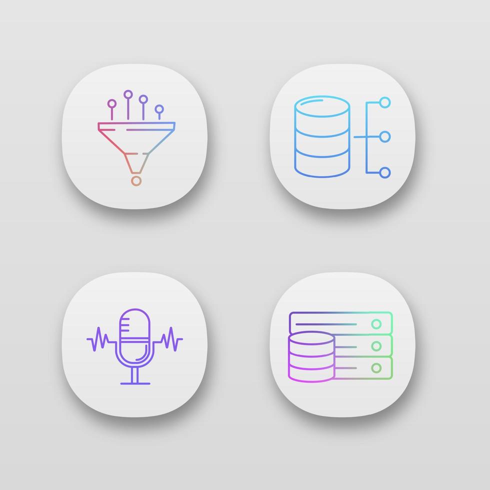 Machine Learning App Icons Set Data Filtering Relational Database Server Voice Recognition