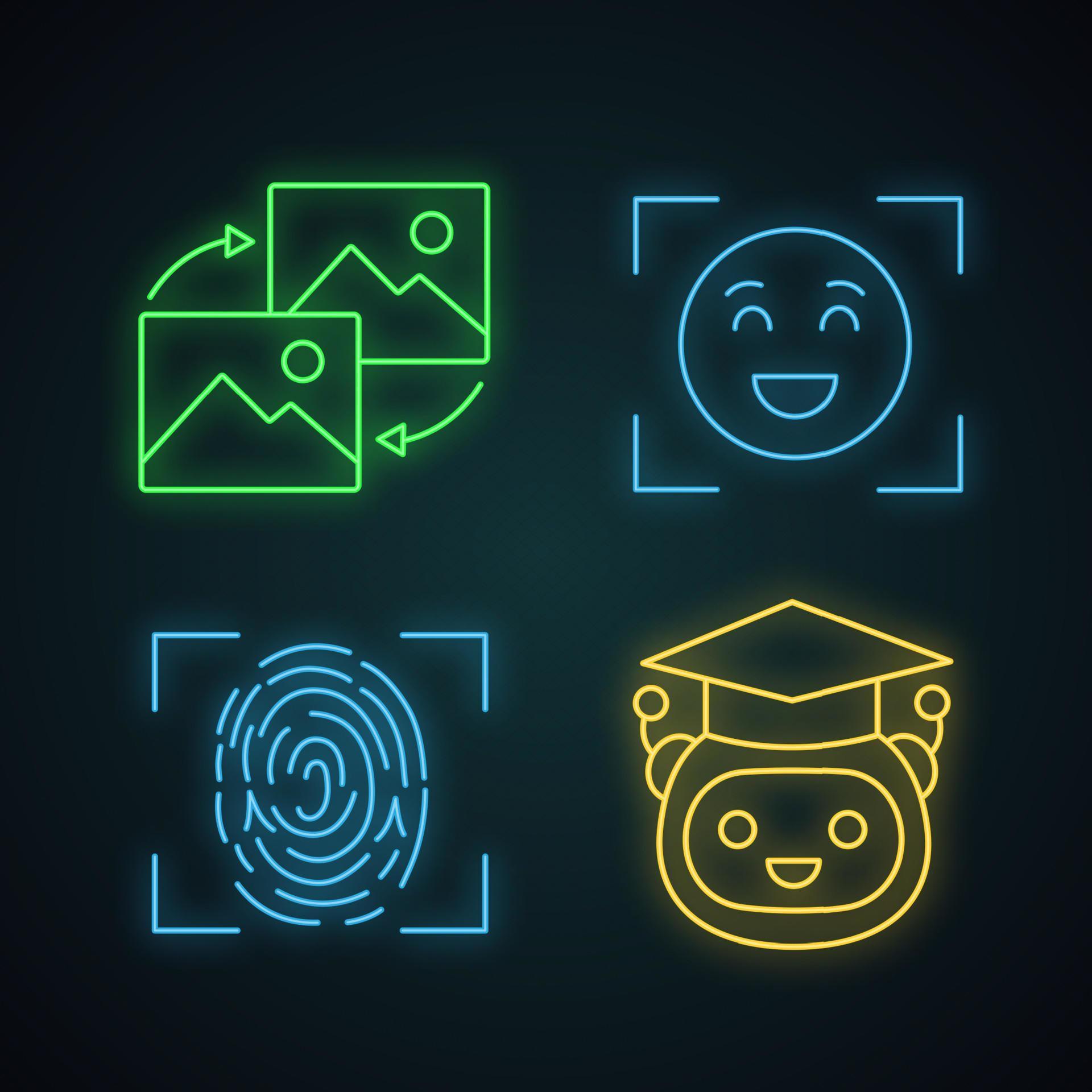 Machine learning neon light icons set. Data transforming, emotion ...