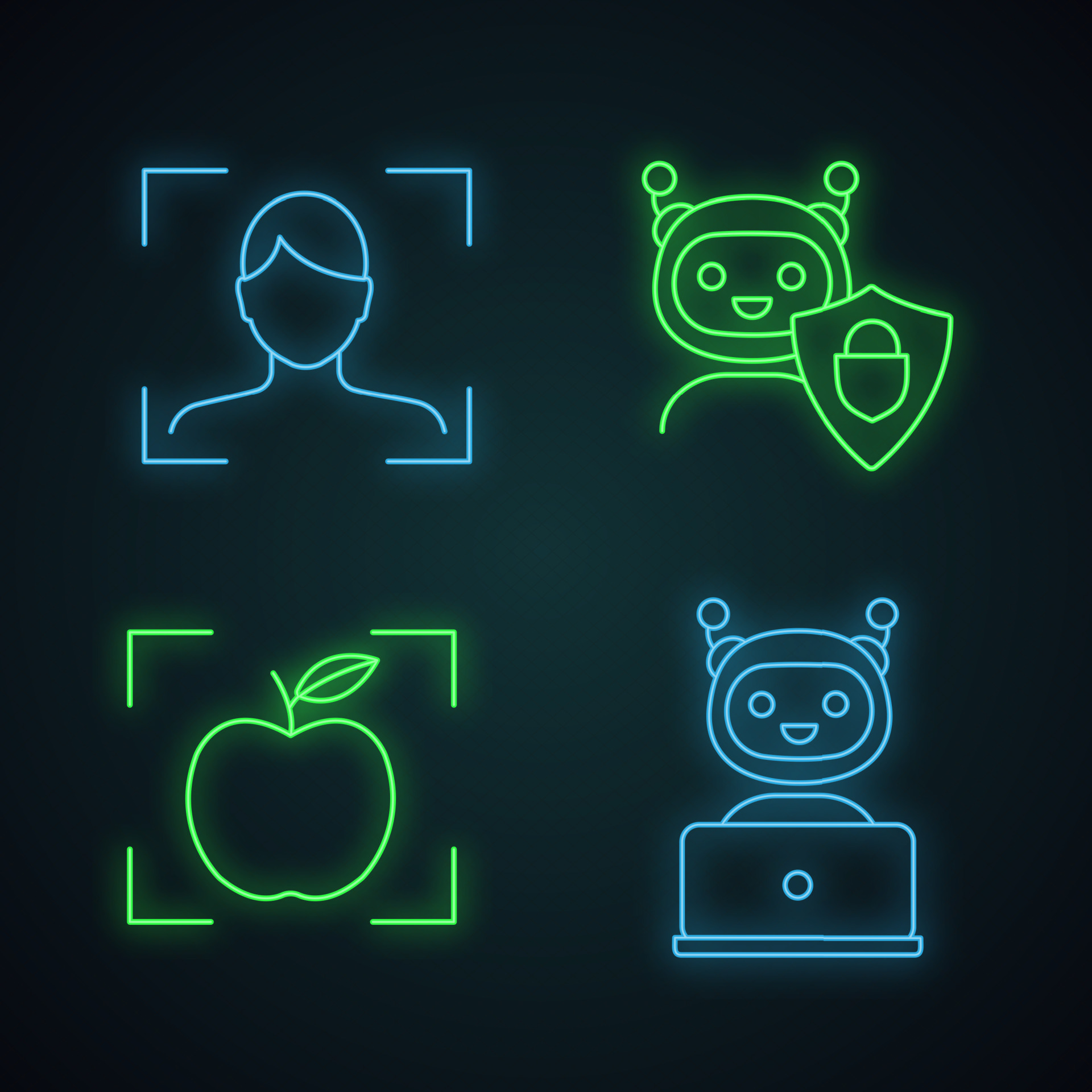 Machine Learning Neon Light Icons Set Facial Recognition Secured Chatbot Object Detection App