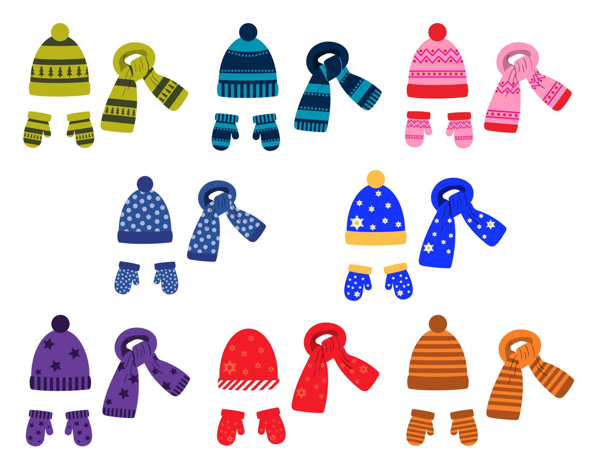 a set of winter colored hats, scarves and mittens with a pattern ...