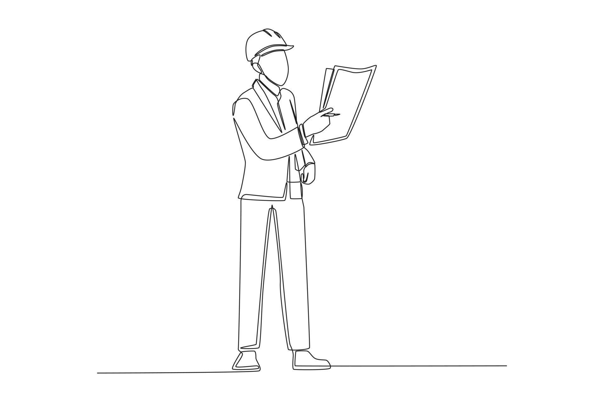 Continuous one line drawing engineers with hard hat holding and reading ...