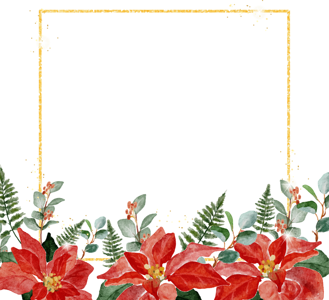 Watercolor Christmas Poinsettia Flower Bouquet Wreath Frame With Gold