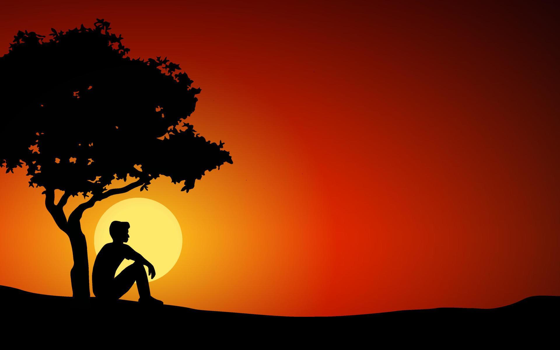 Nature sunset background with man sitting under the tree 9432521 Vector Art at Vecteezy