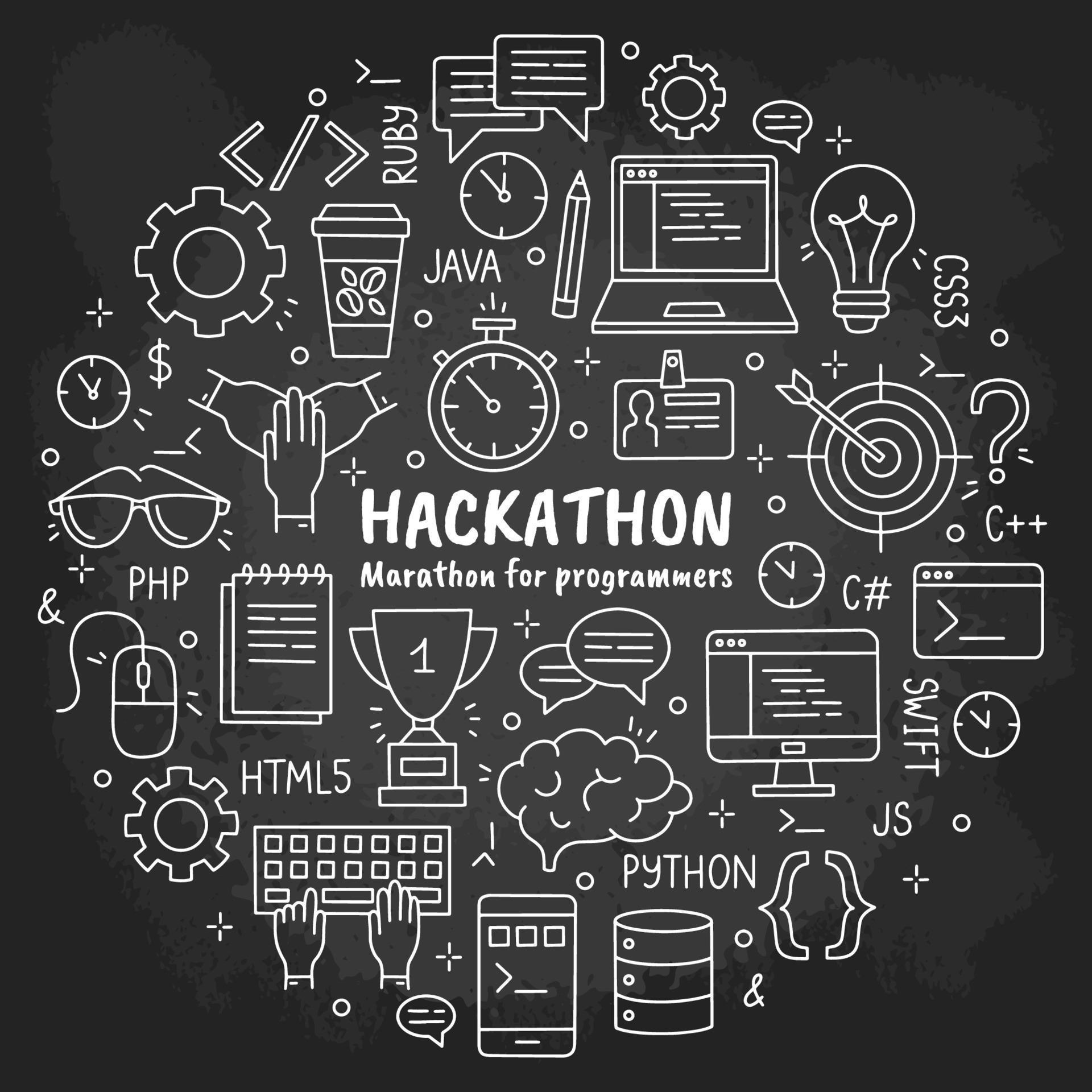 Hackathon and datathon hand drawn chalk icons set on the blackboard in ...