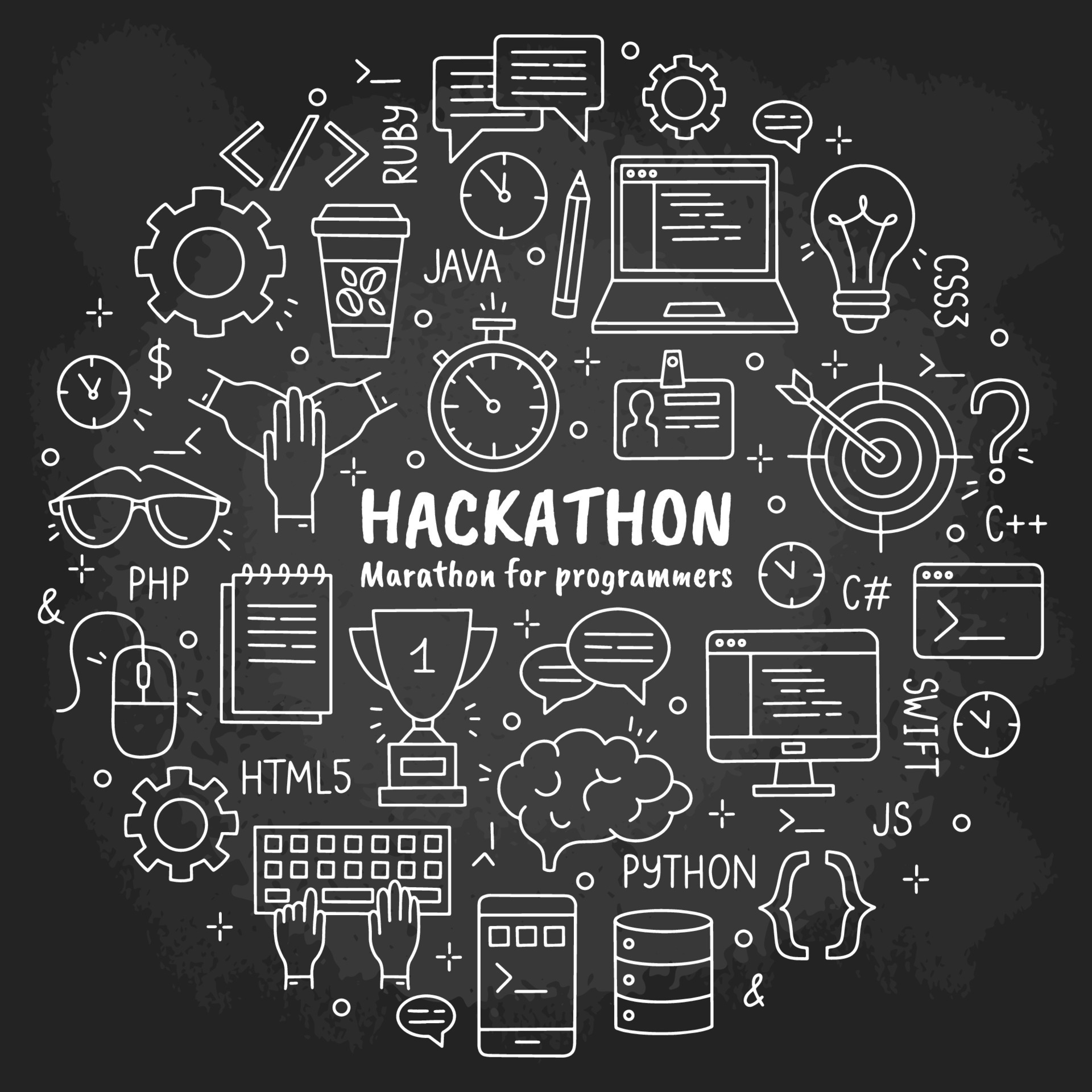 hackathon y datathon iconos de tiza dibujados a mano en la pizarra en estilo de boceto de ...