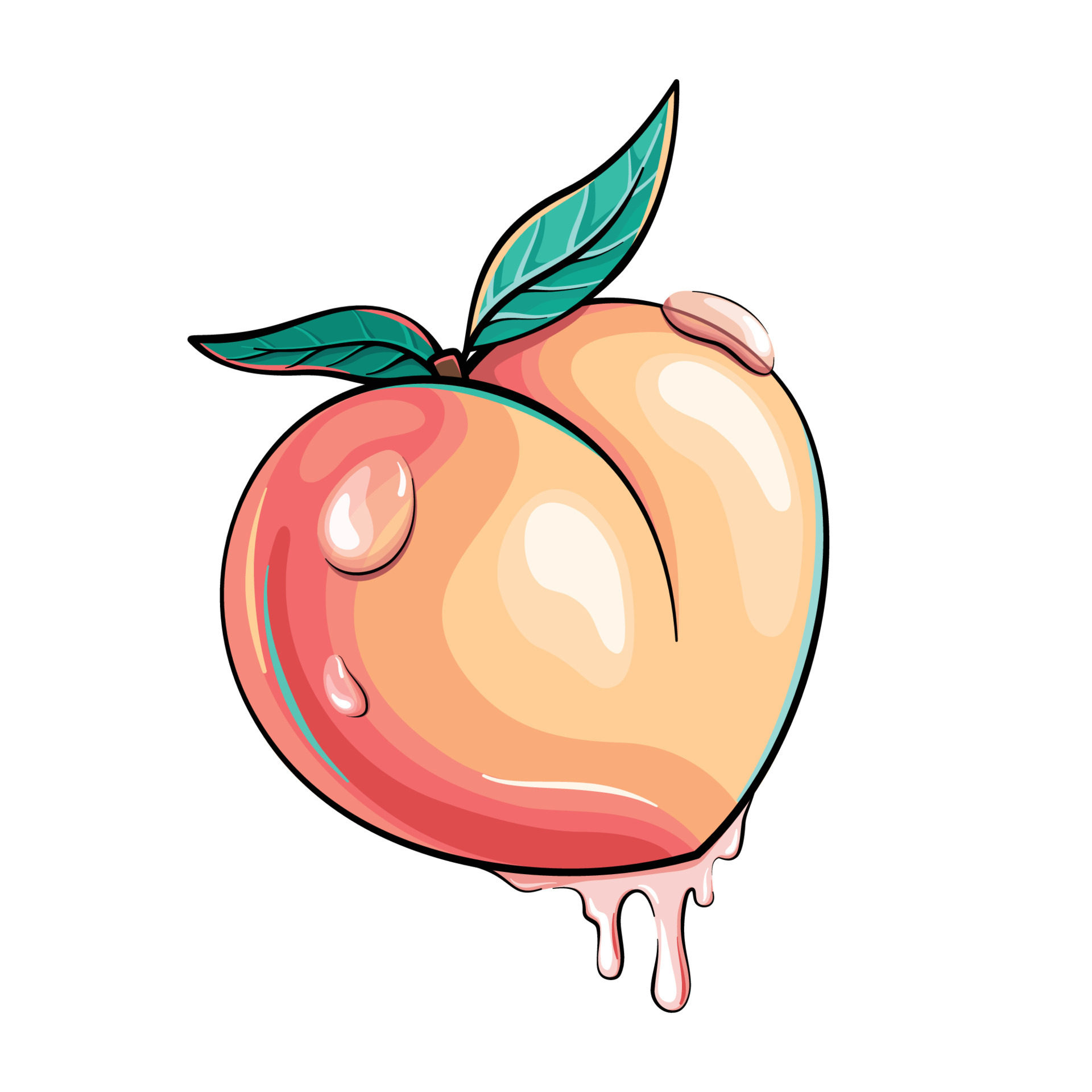 Butt Shaped Heart Shaped Juicy Peach Fruit With Juice Drops Cartoon