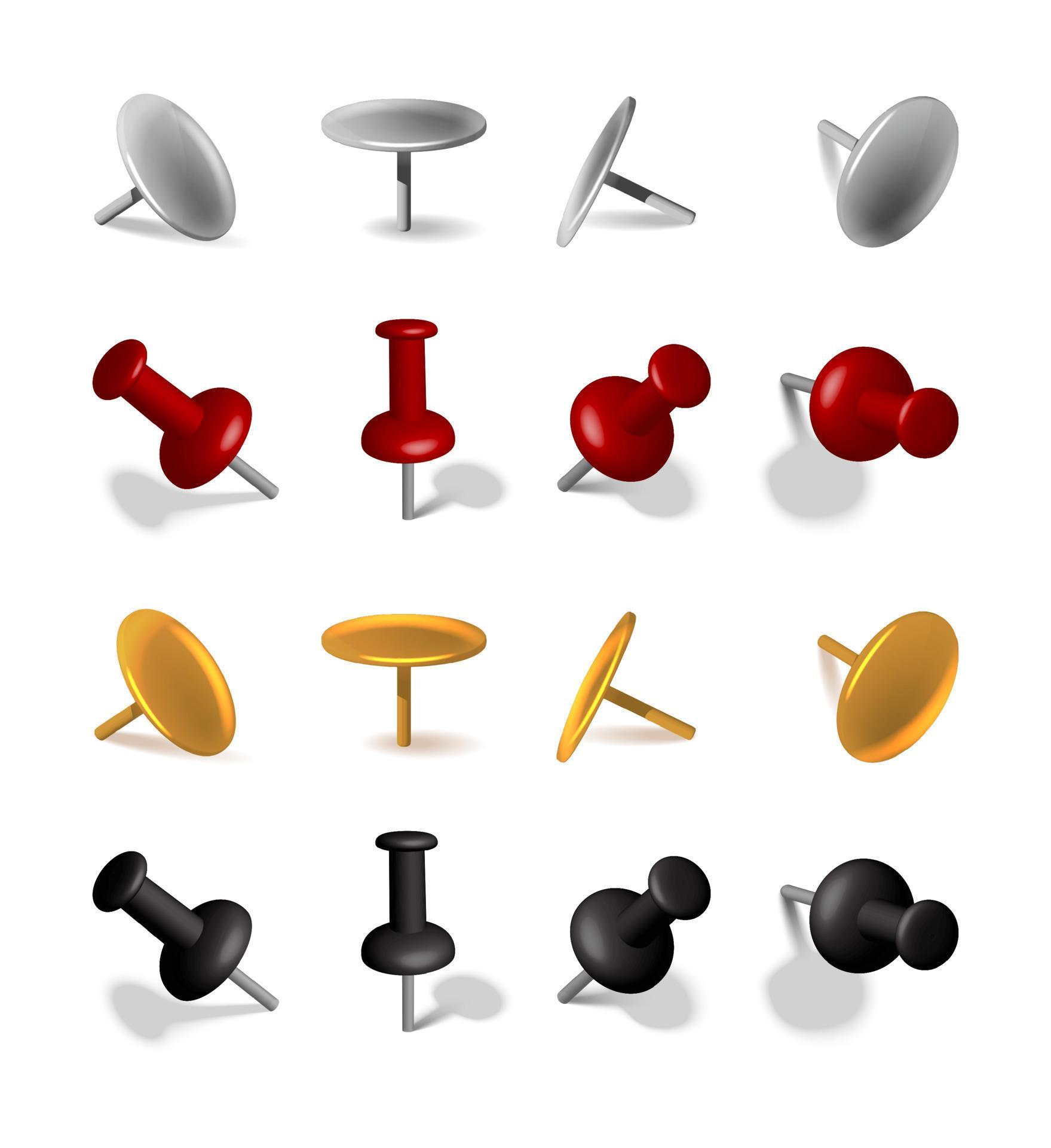 3d realistic vector icon collection. Paper pins in different shapes and ...