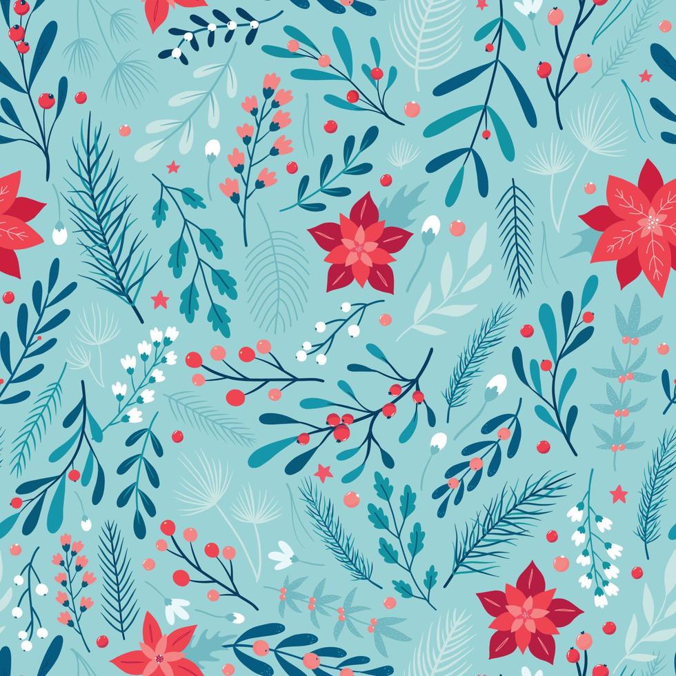 Christmas seamless pattern with floral elements and flowers on blue ...