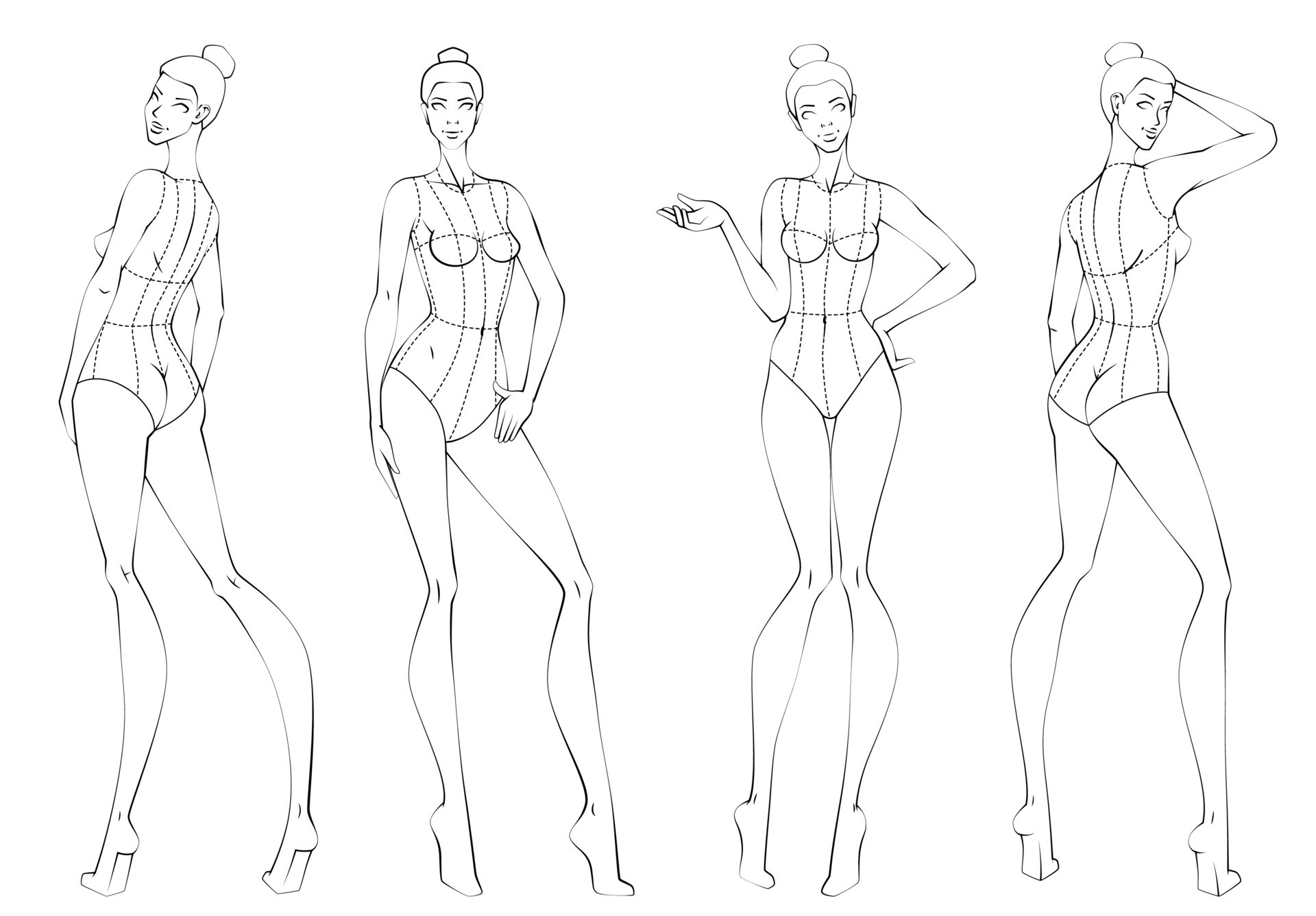 Female Ten Heads Figure Poses Template Croquis For Fashion Design