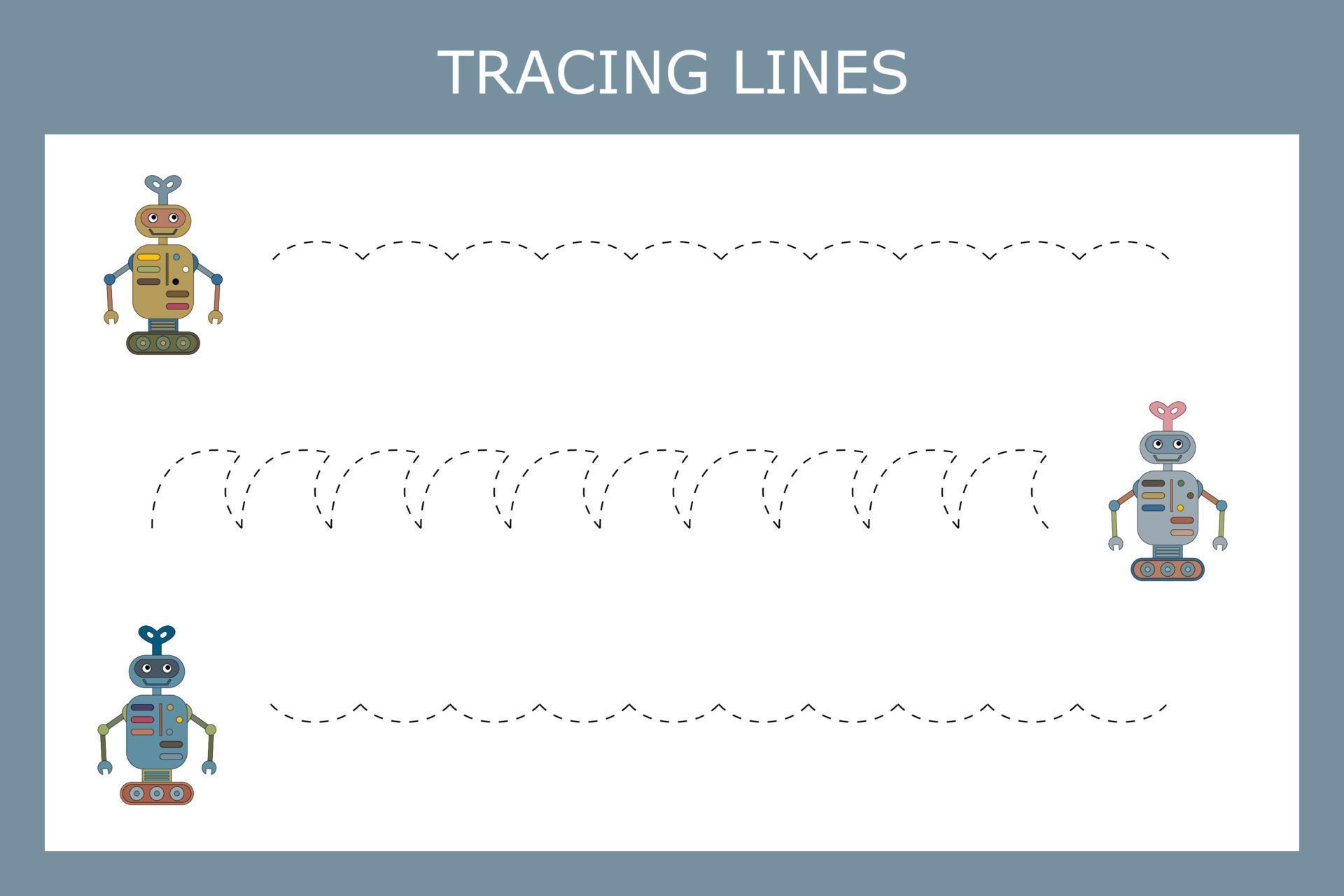 Trace line worksheet with robots for kids, practicing fine motor skills ...