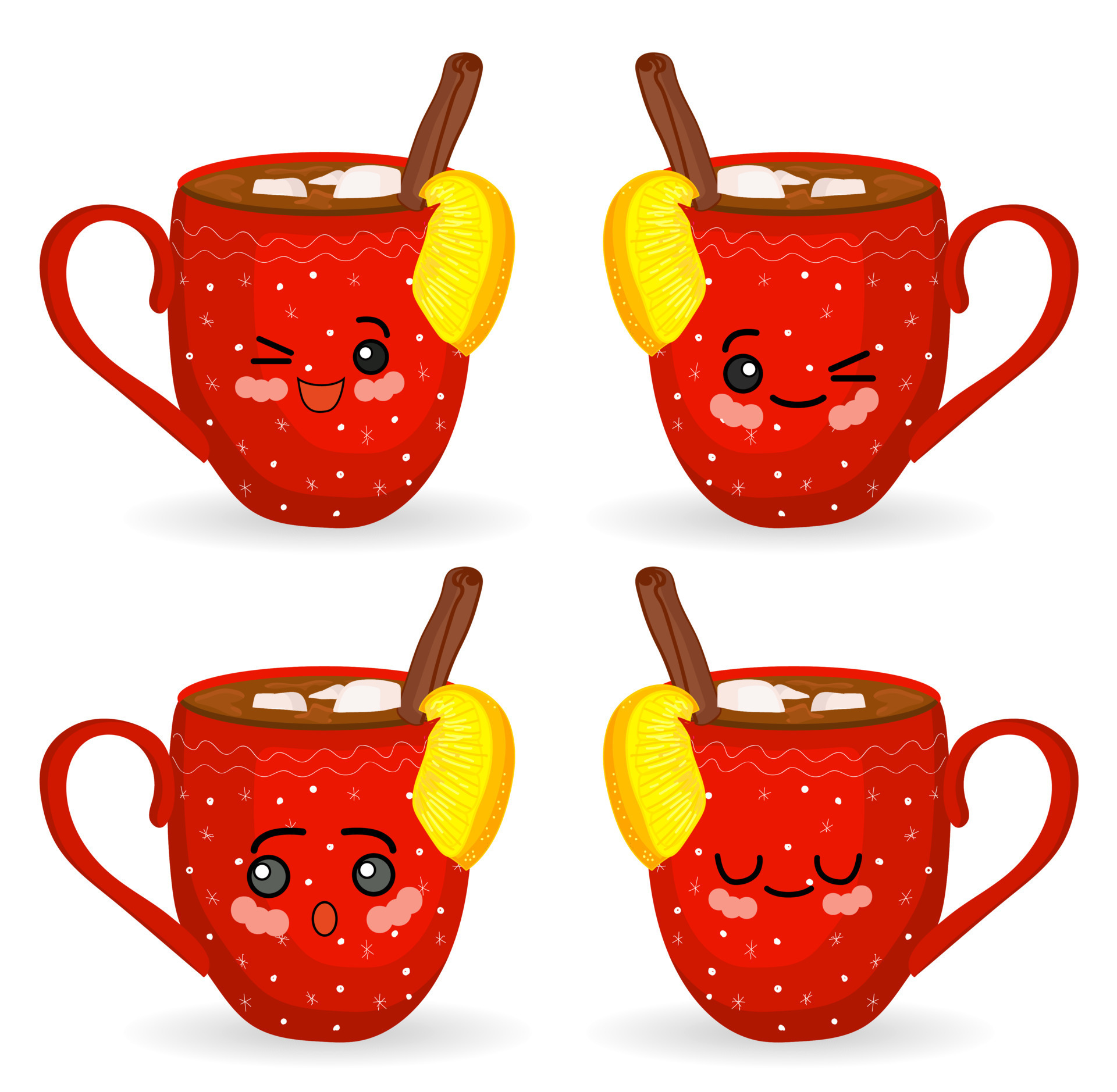 Kawaii cups. Reds. Winter patterns. Set of characters with chocolate ...