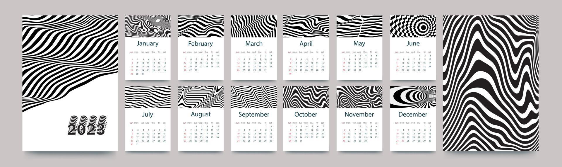 Calendar template for 2023. Vertical design with black and white lines ...