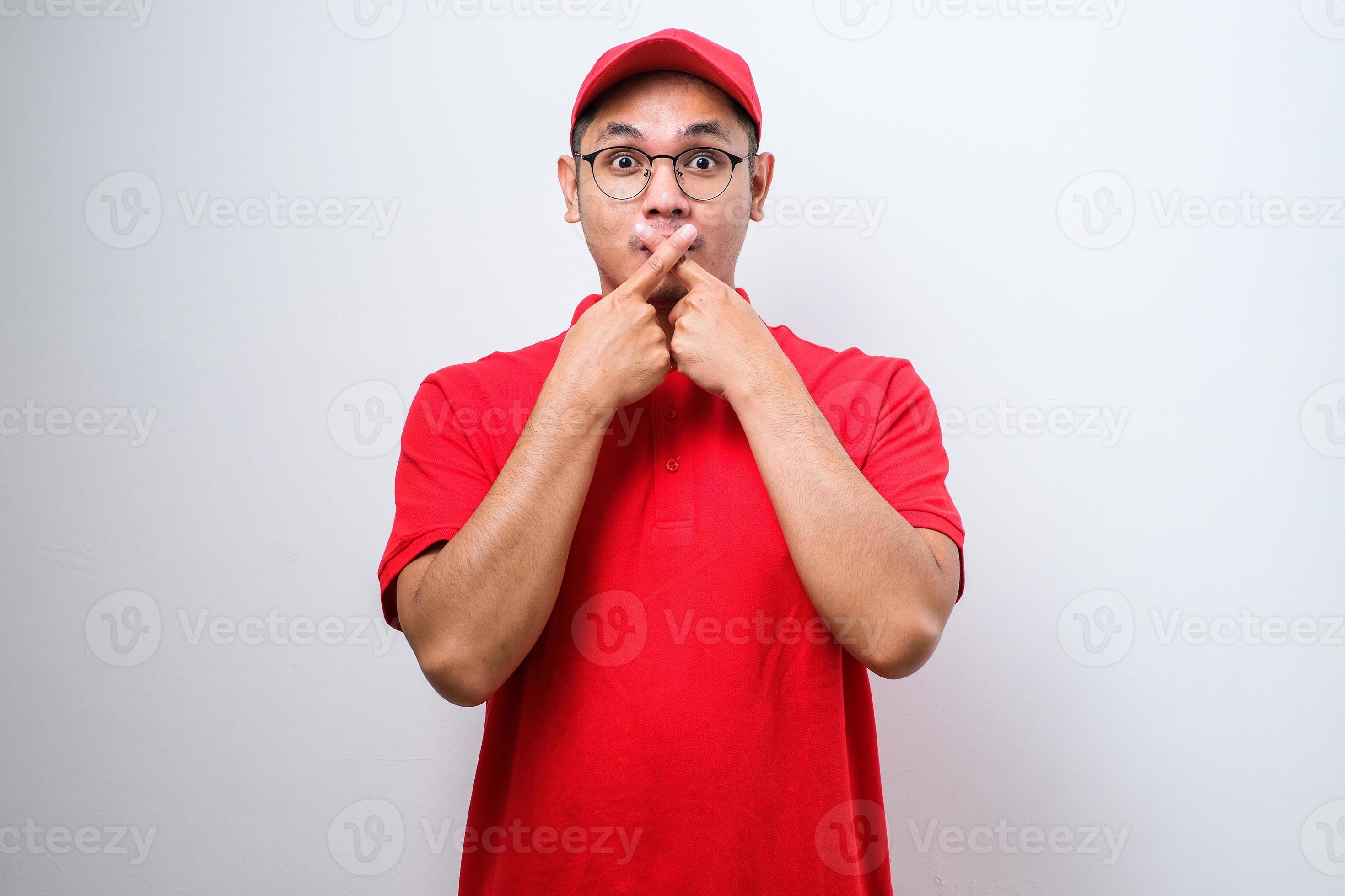 Young Asian Man Wearing Delivery Uniform And Cap Shocked Covering Mouth