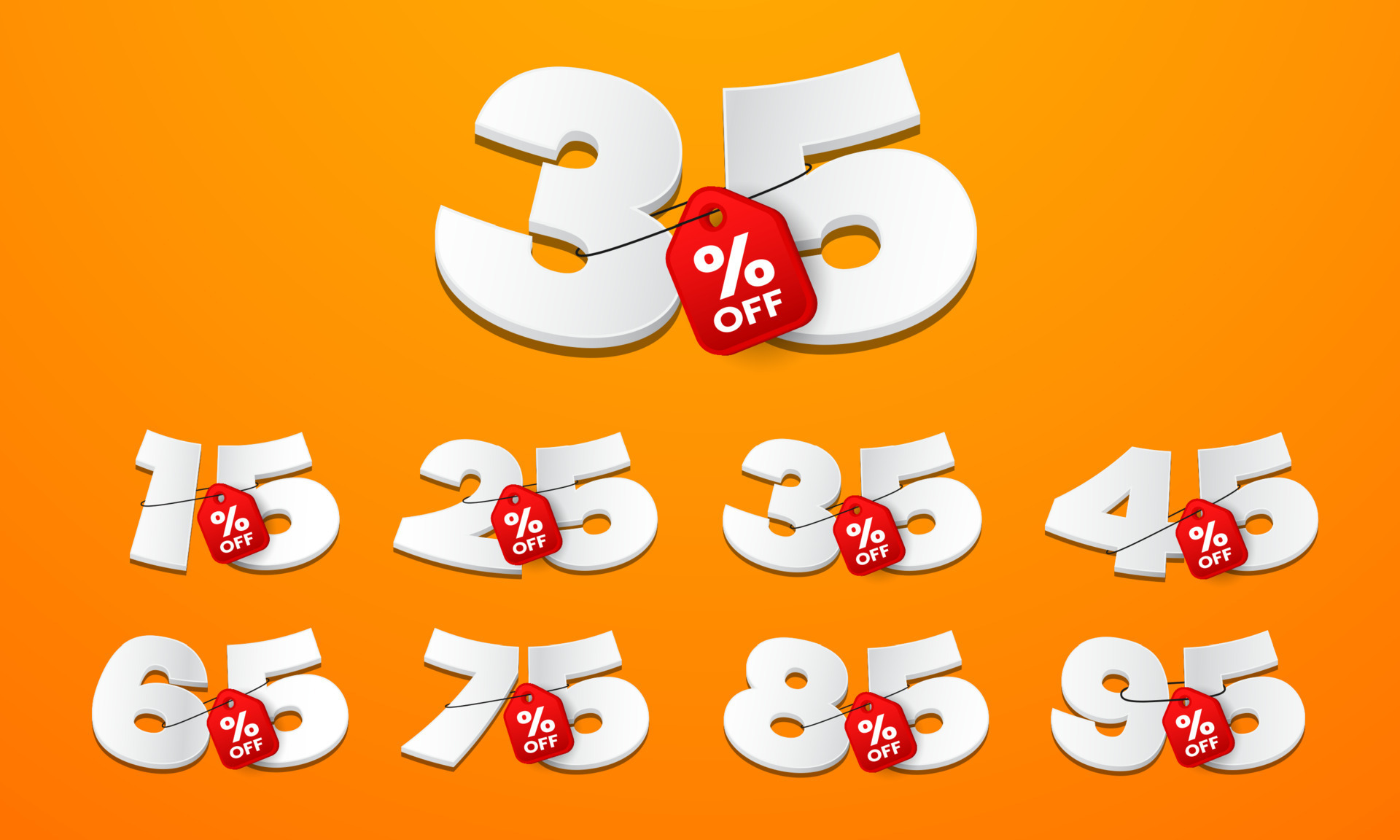 3d number label tag sale with different discounts of 15, 25, 35, 45, 65, 75, 85, and 95 percent ...
