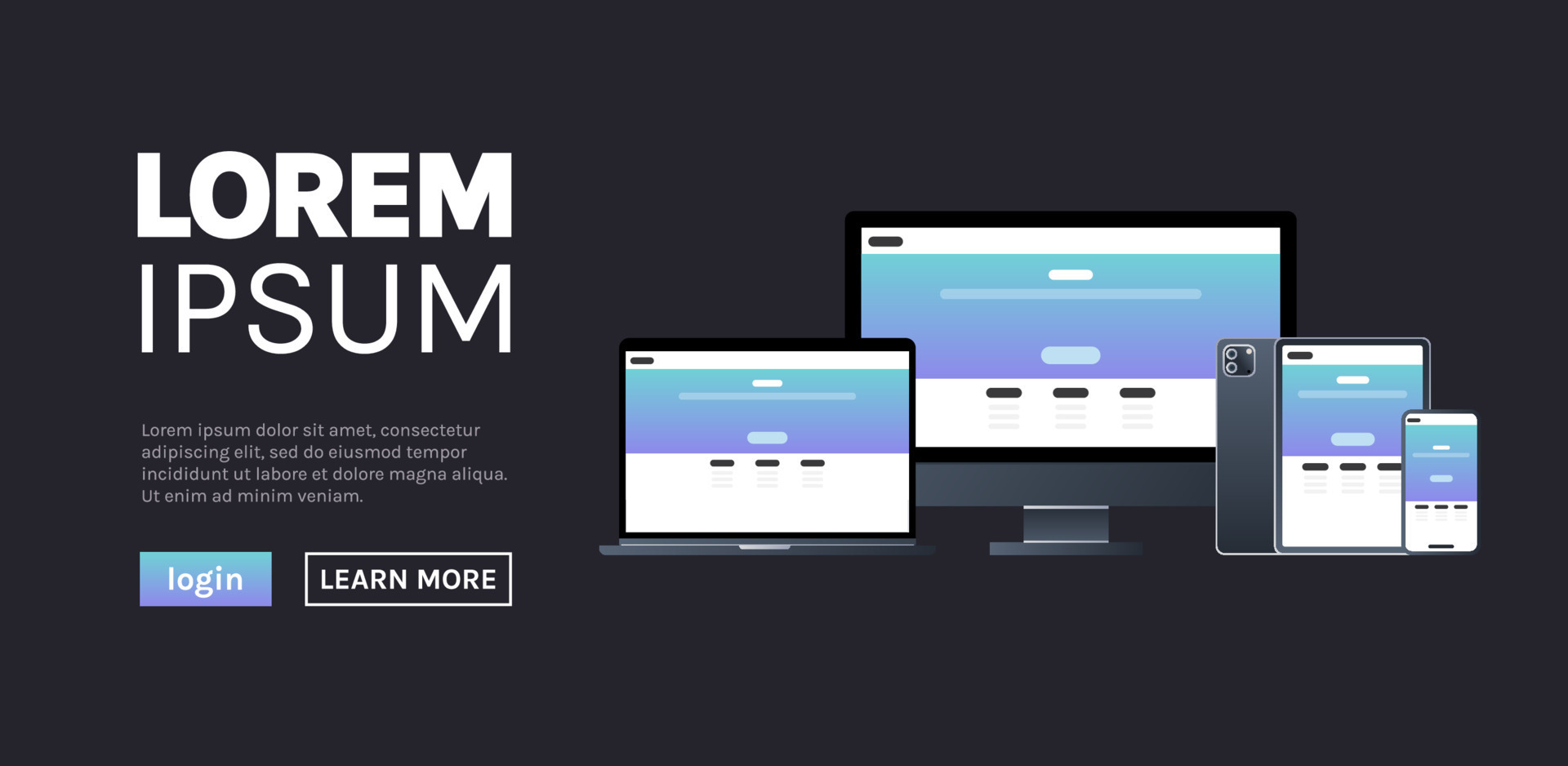 Smart technology devices on black background and responsive web design flat vector illustration ...