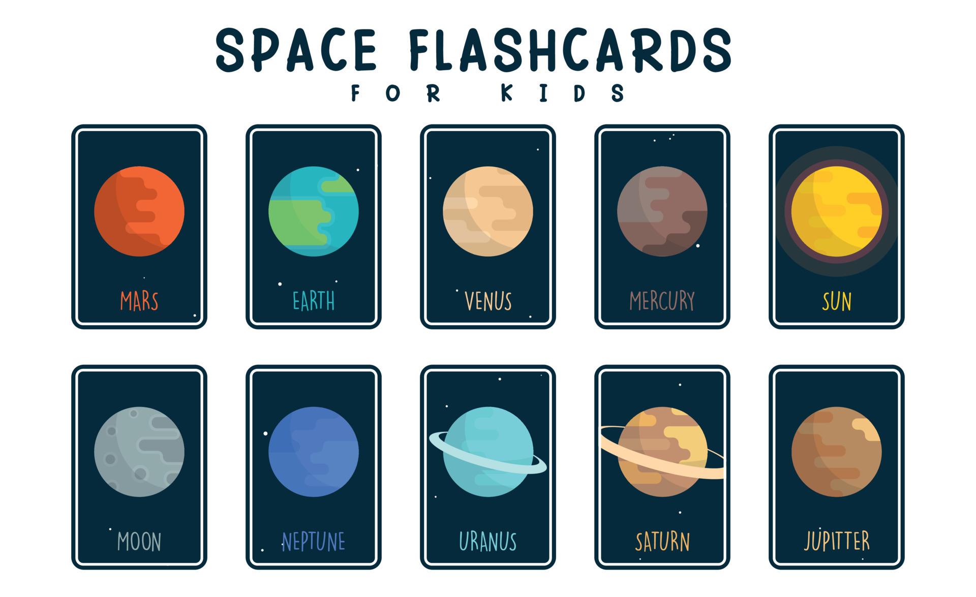 Cartoon planets flashcards set and solar system cards for kids play ...