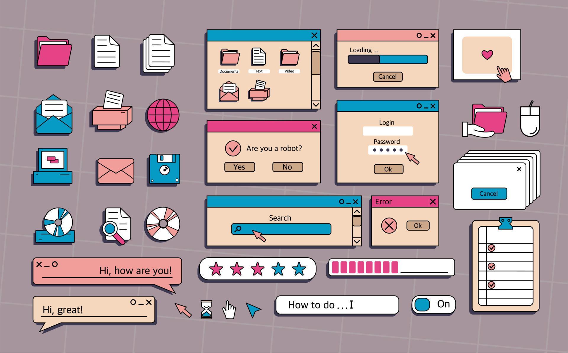 A set of user interface elements, UI and UX themes. In the vaporwave ...