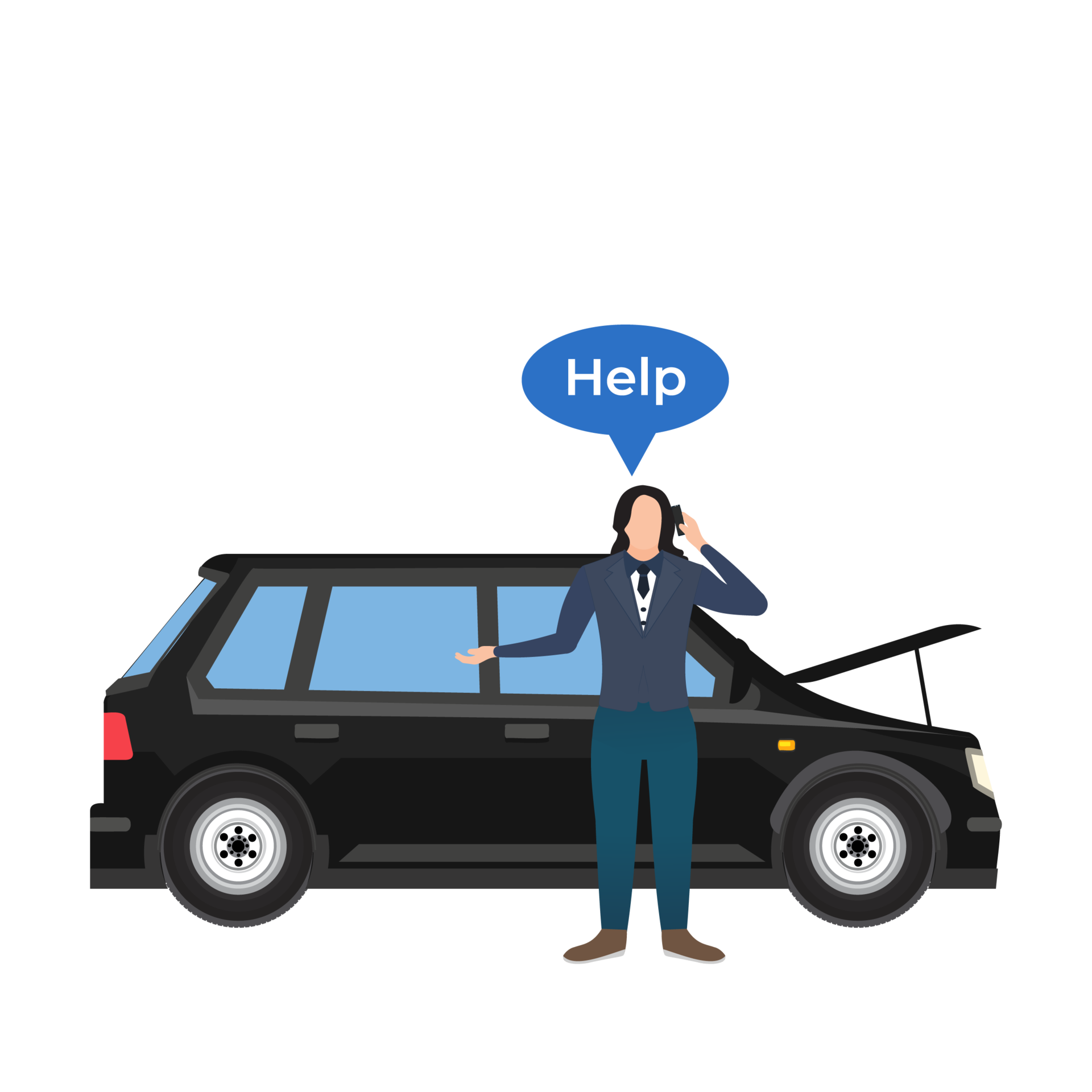 A Man Wearing A Suit Asking For Help On His Mobile For A Broken Car A a-man-wearing-a-suit-asking-for-help-on-his-mobile-for-a-broken-car-a