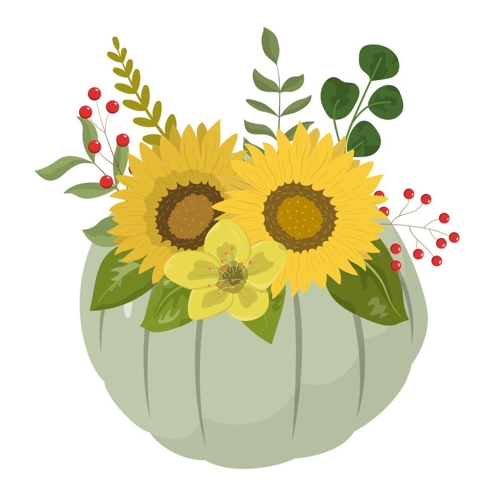 Autumn holiday pumpkin with flowers arrangement. Bright pumpkin with ...