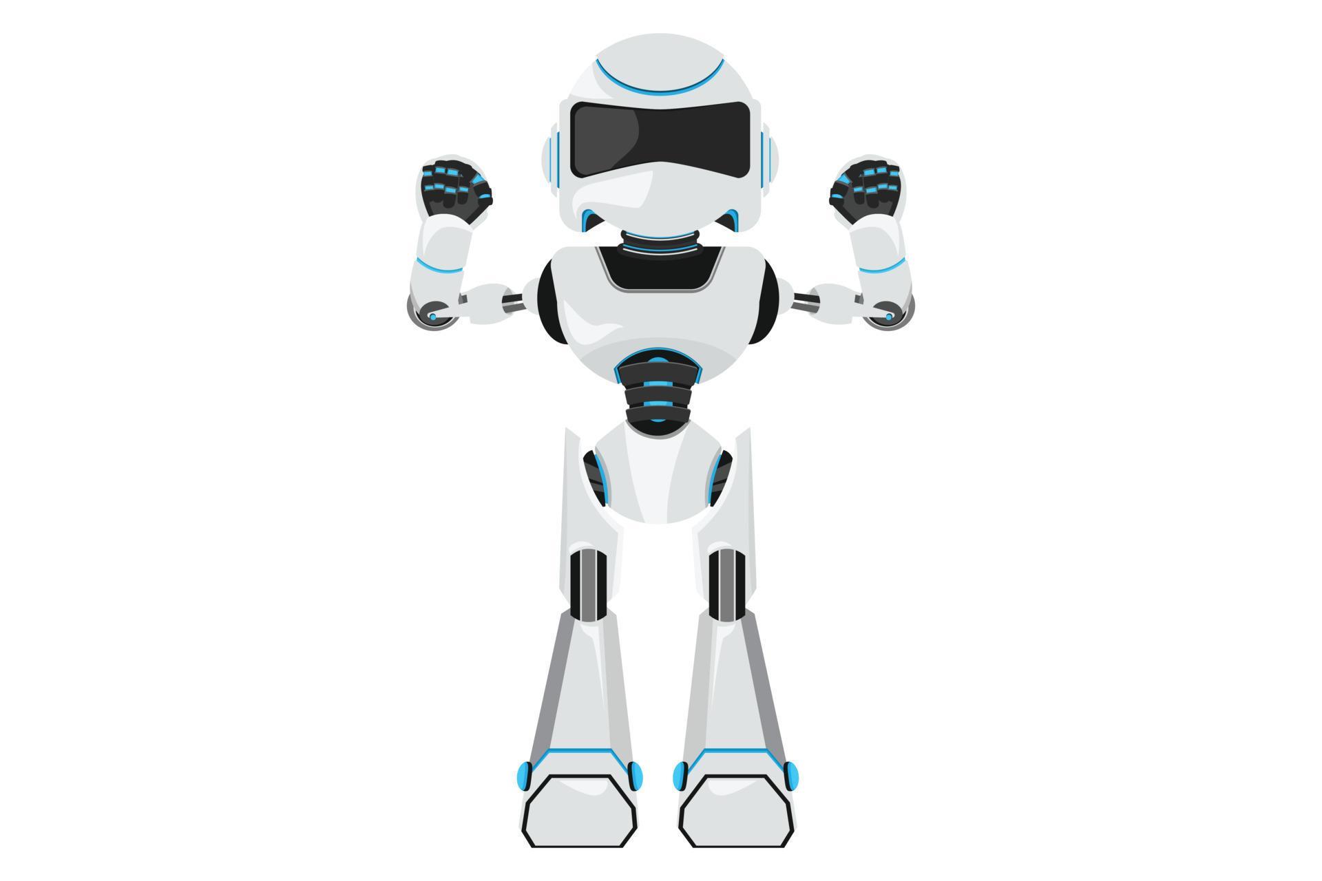 Business design drawing robot stands in strong pose. Robot with ...