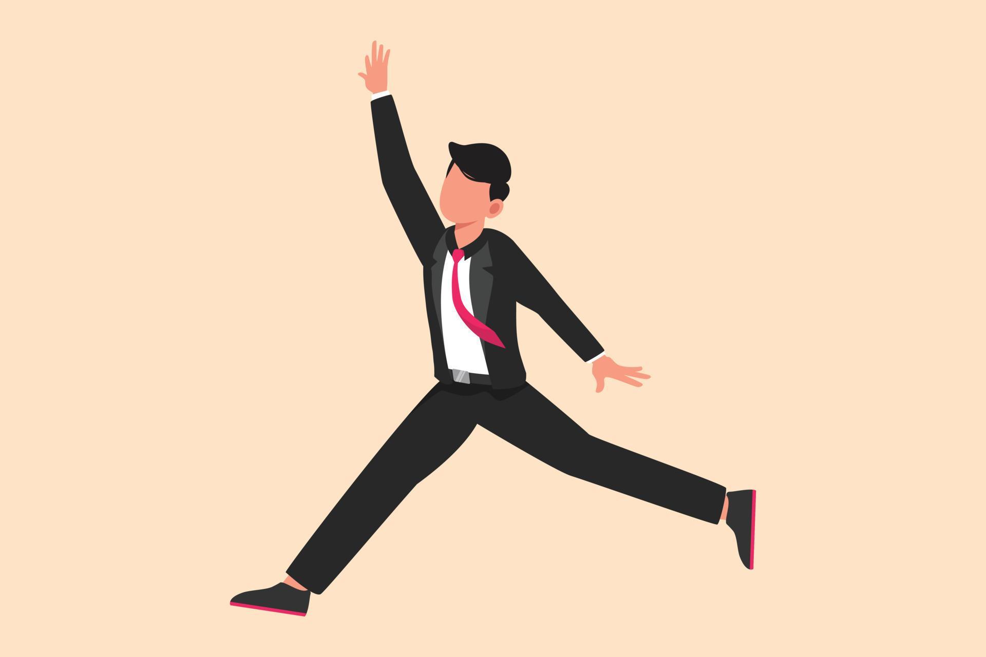 Business Flat Cartoon Style Drawing Happy Businessman Jumping With Spreads Both Legs And Raises