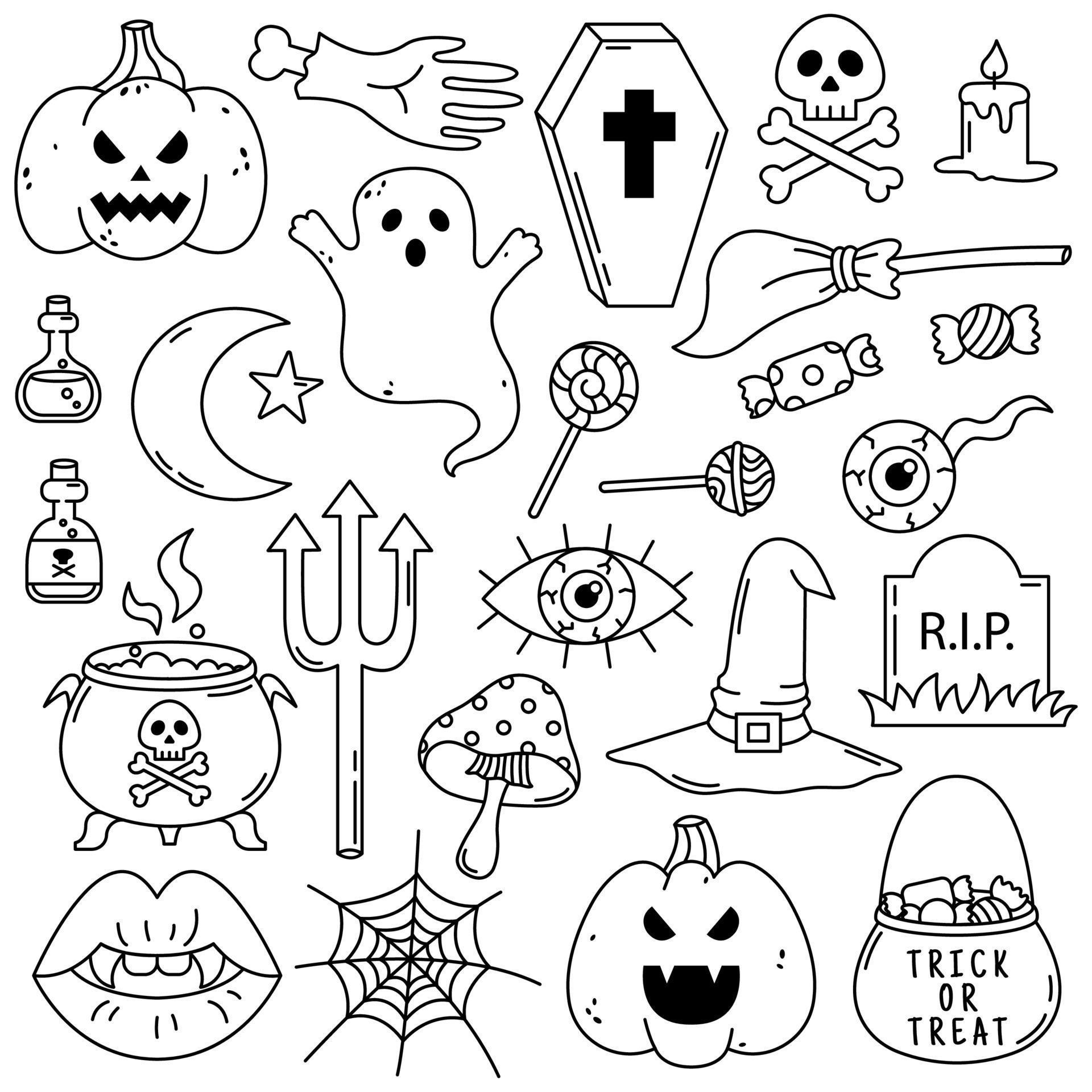 Halloween doodle set isolated on a white background. Black and white ...