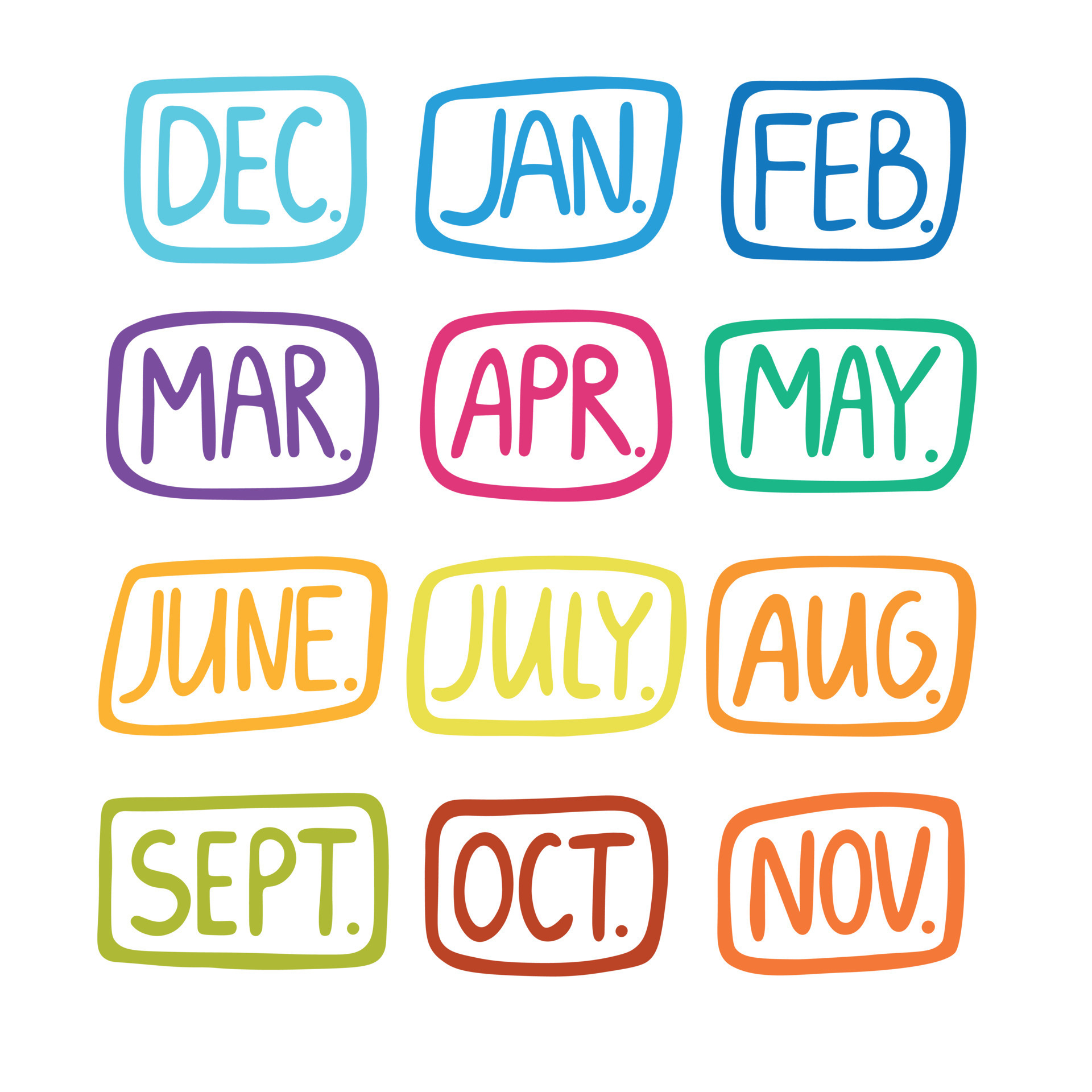 Hand Drawn Doodle Vector Lettering of the Months of the Year. Set of Decorative Colorful Doodle ...