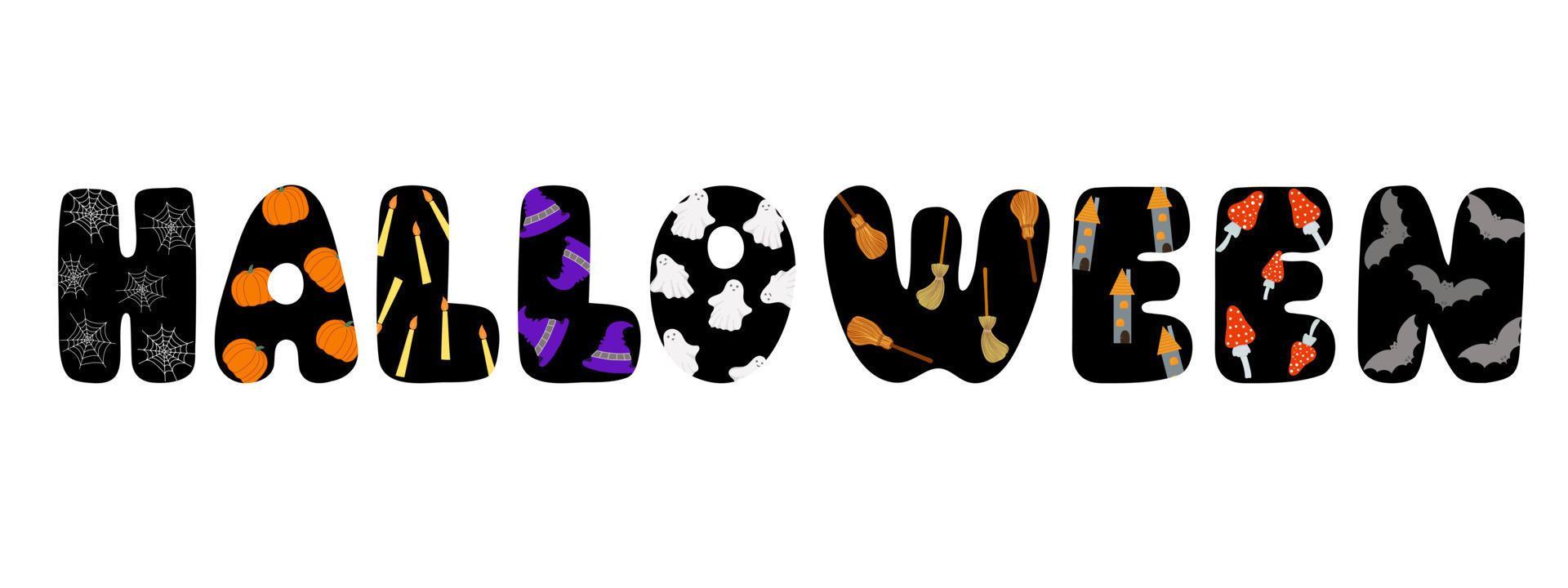 Halloween word decorated with spider web, bats, house, candle, ghost ...