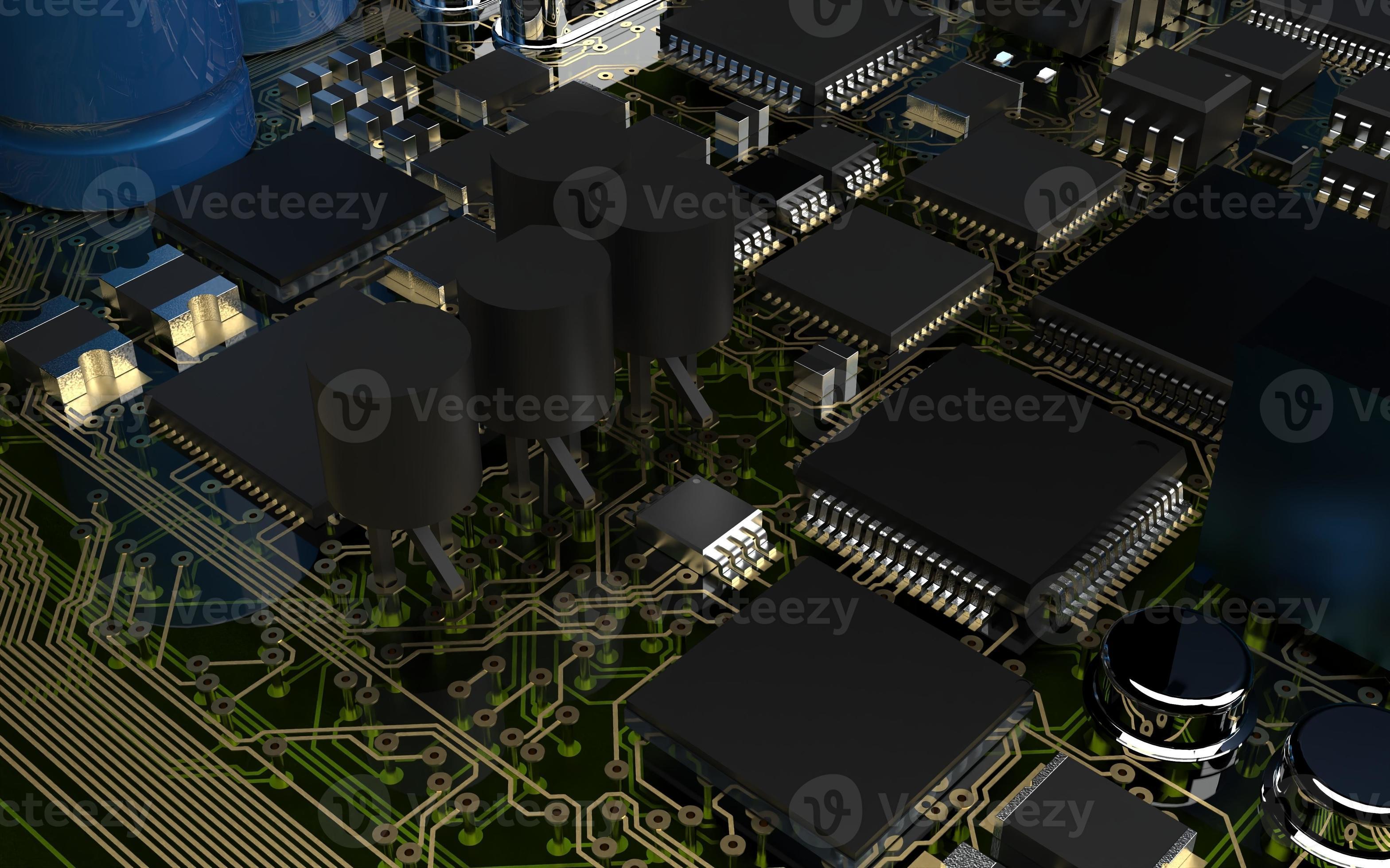 processor chip on a printed circuit board in red backlight. 3d ...