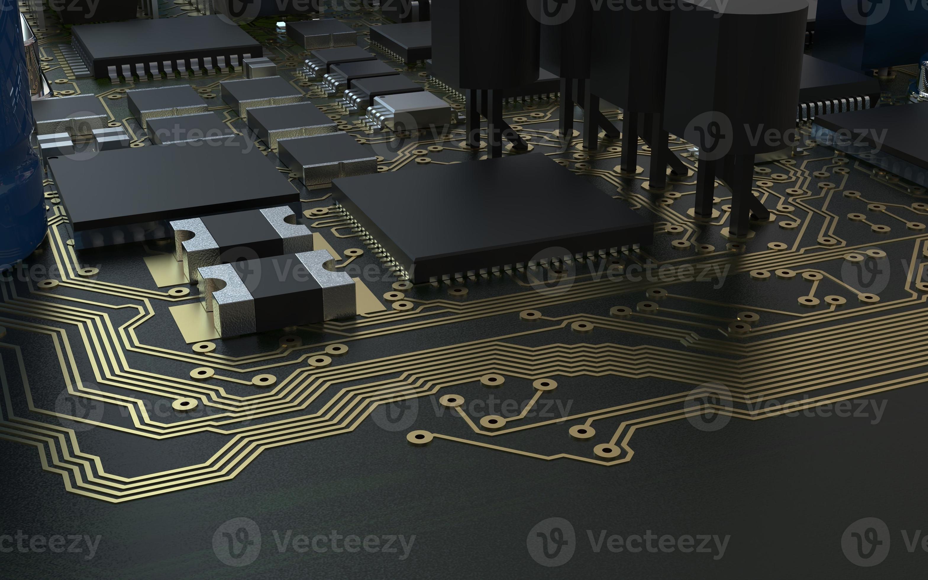 processor chip on a printed circuit board in red backlight. 3d ...