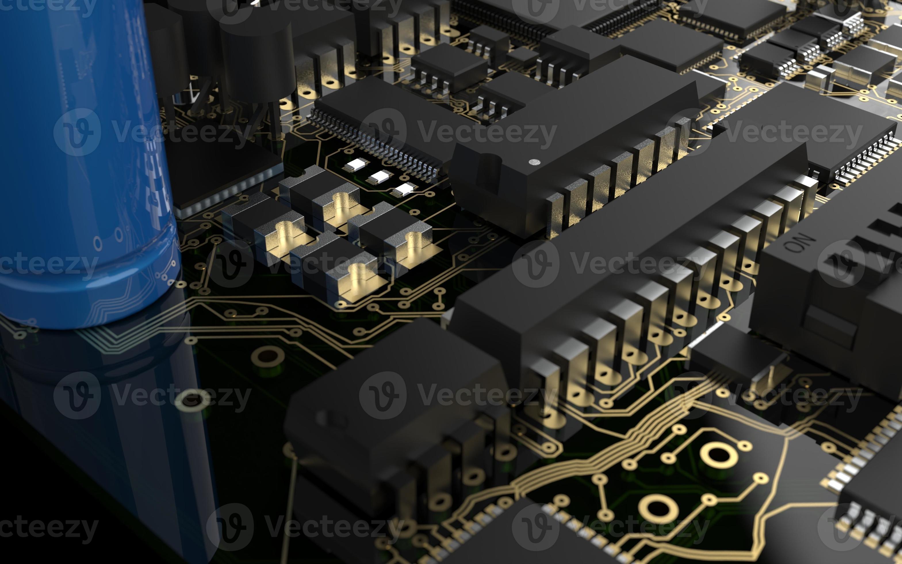 processor chip on a printed circuit board in red backlight. 3d ...