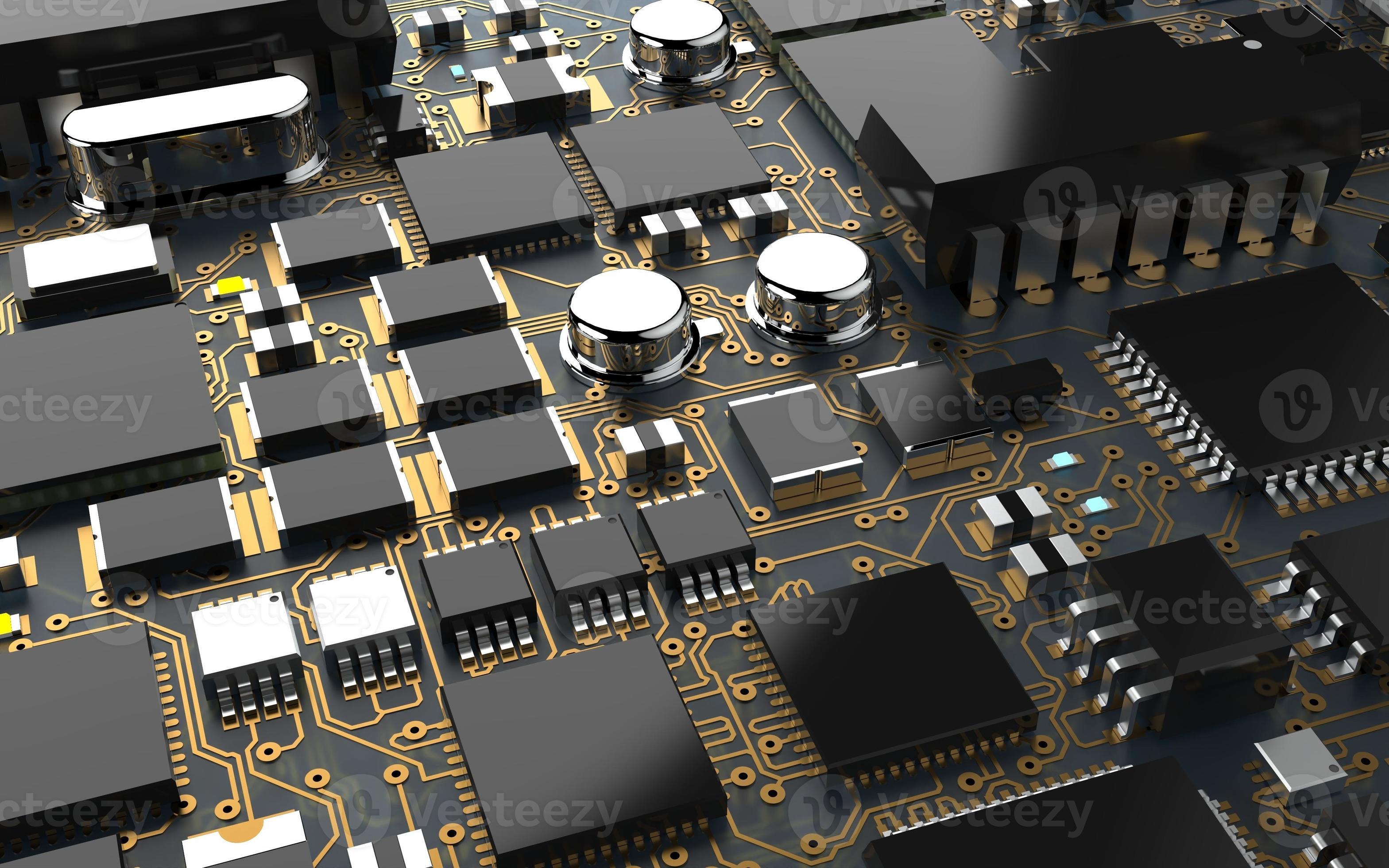 processor chip on a printed circuit board in red backlight. 3d ...