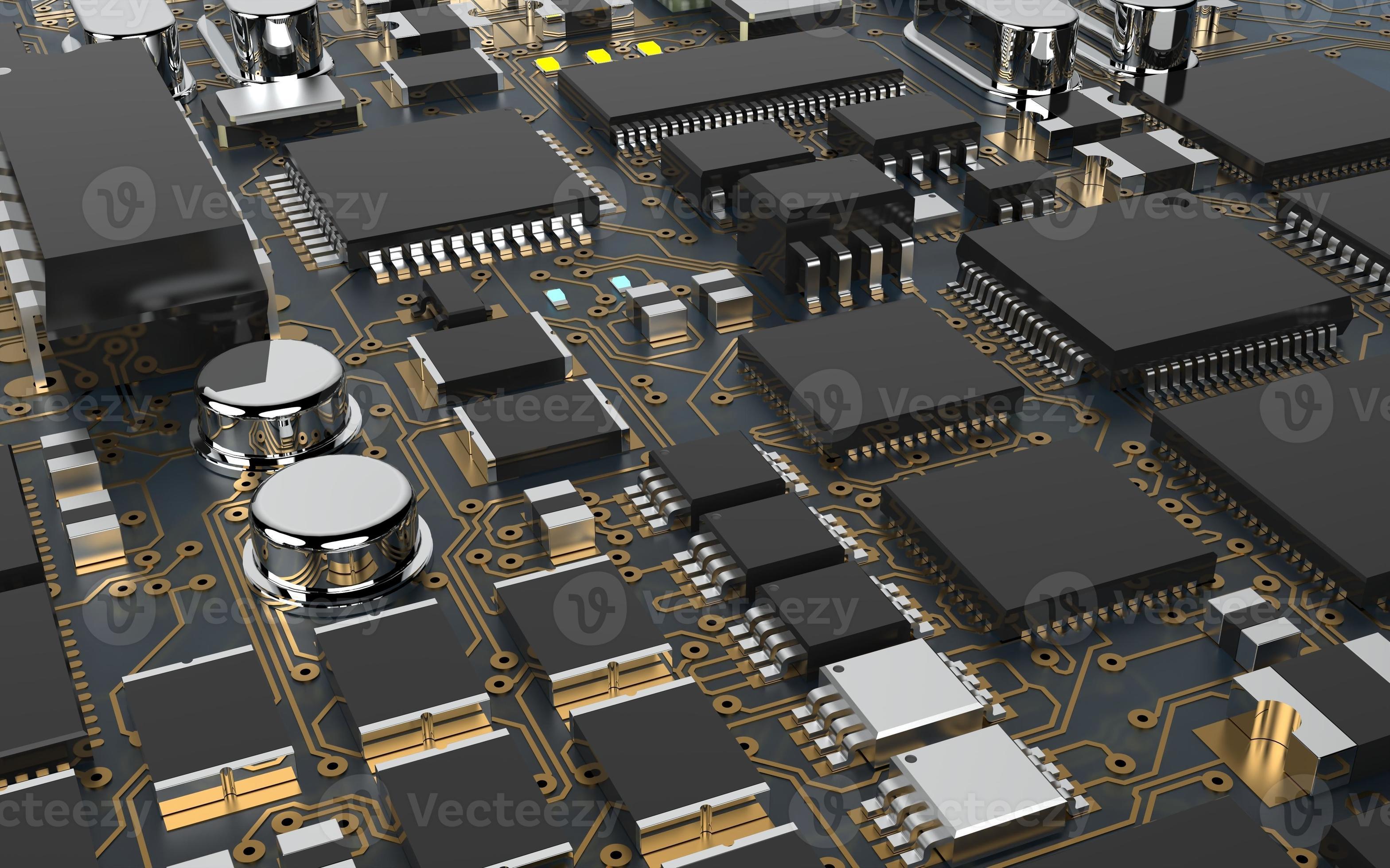 processor chip on a printed circuit board in red backlight. 3d ...