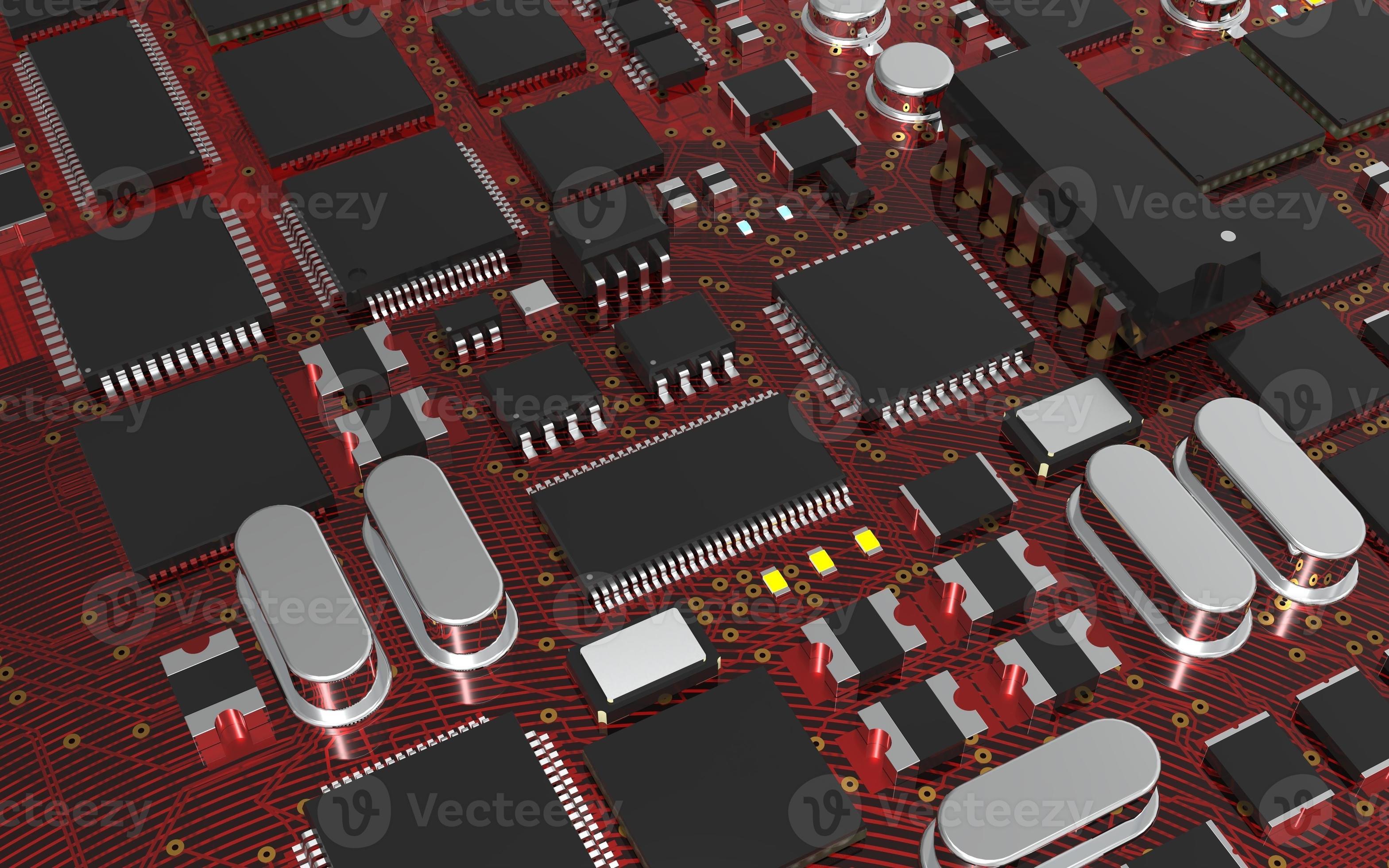 processor chip on a printed circuit board in red backlight. 3d ...