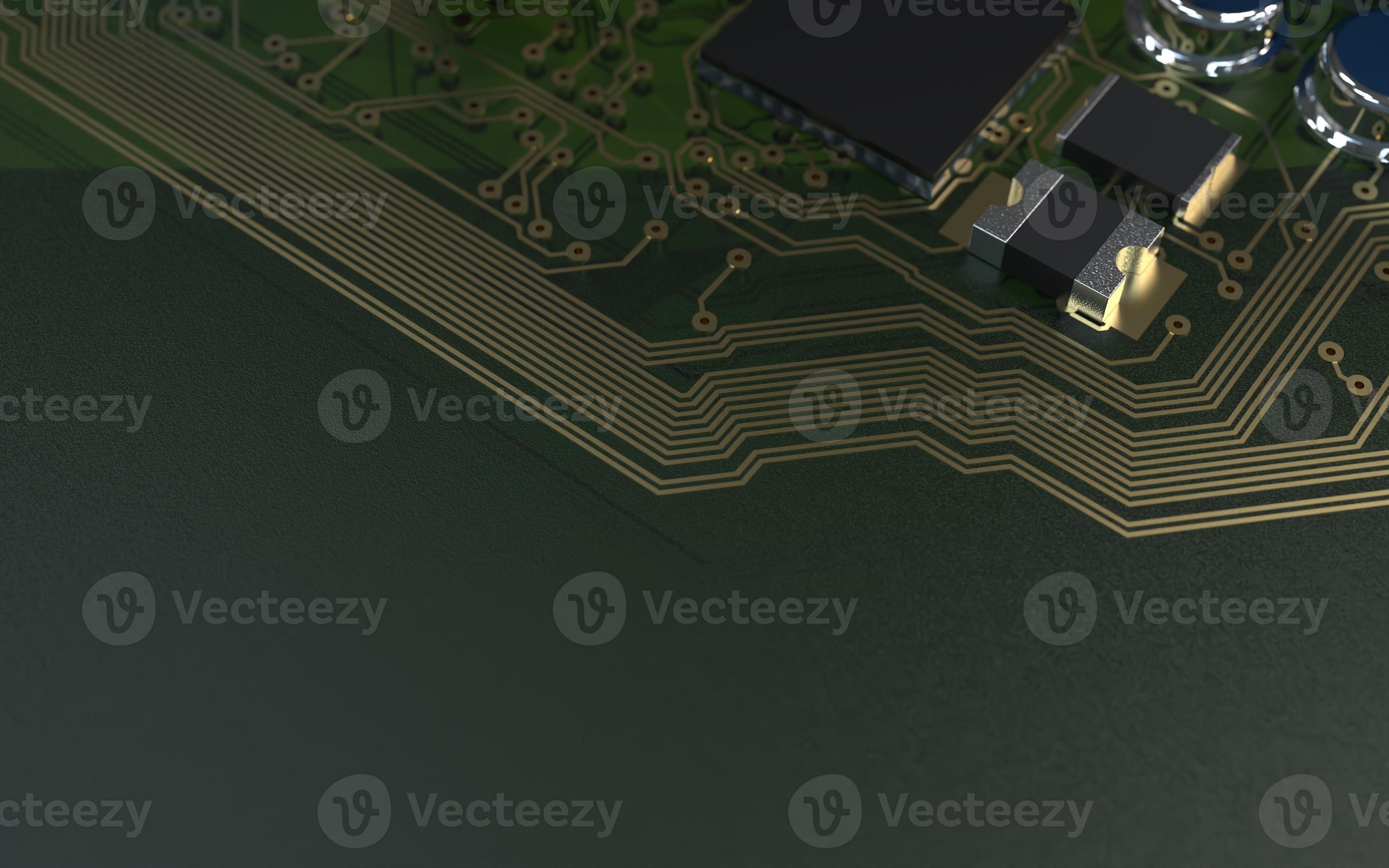 processor chip on a printed circuit board in red backlight. 3d ...