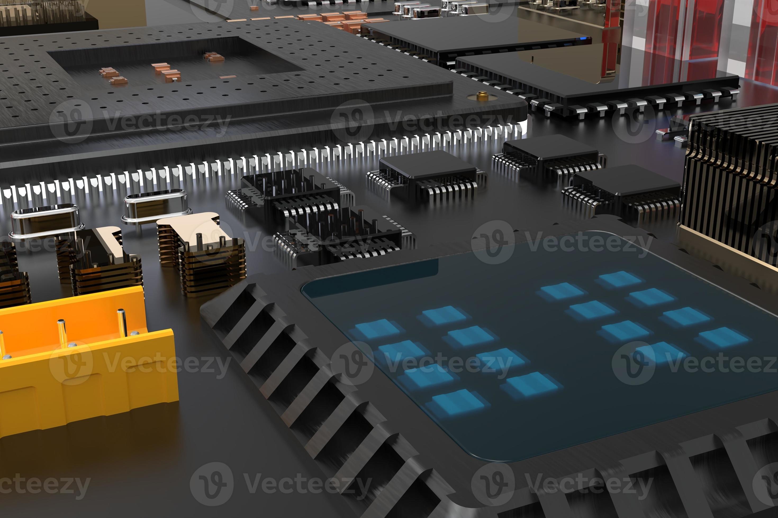 printed circuit board with microchips, processors and other computer ...