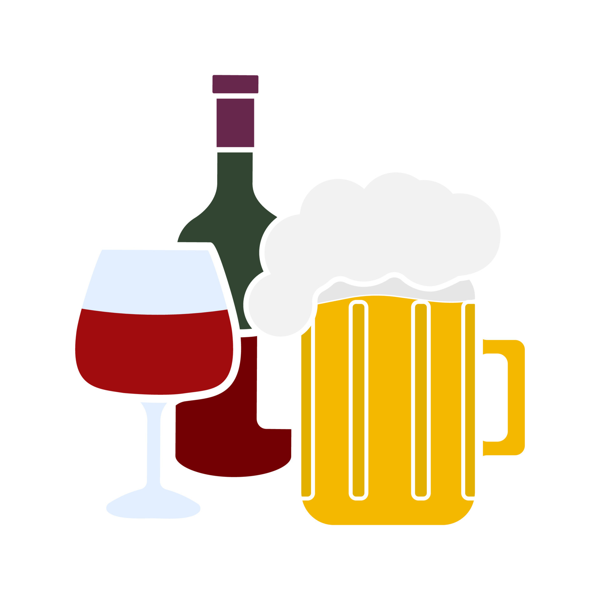 Alcohol drinks glyph color icon. Wine bottle, wineglass and beer mug with foam. Alcoholic ...