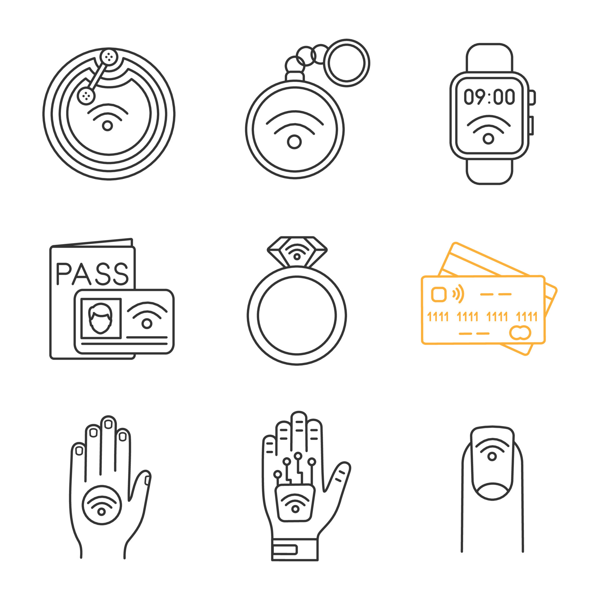 Nfc Technology Linear Icons Set Near Field Chip Trinket Smartwatch