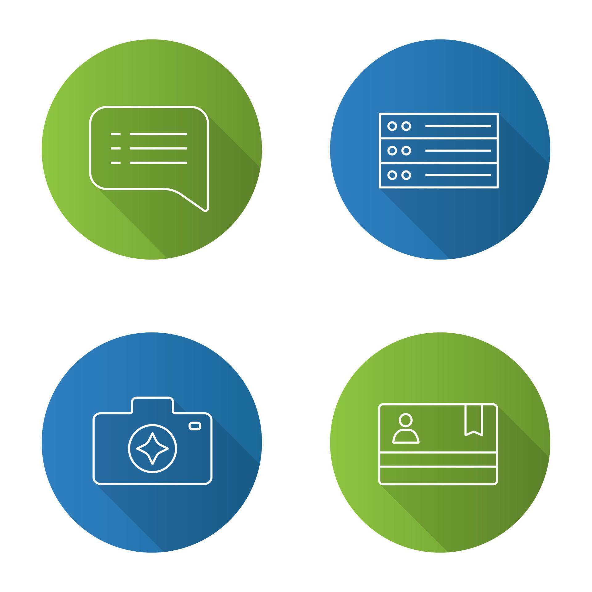 UI UX flat linear long shadow icons set. Speech bubble, camera enhance, list, membership card ...