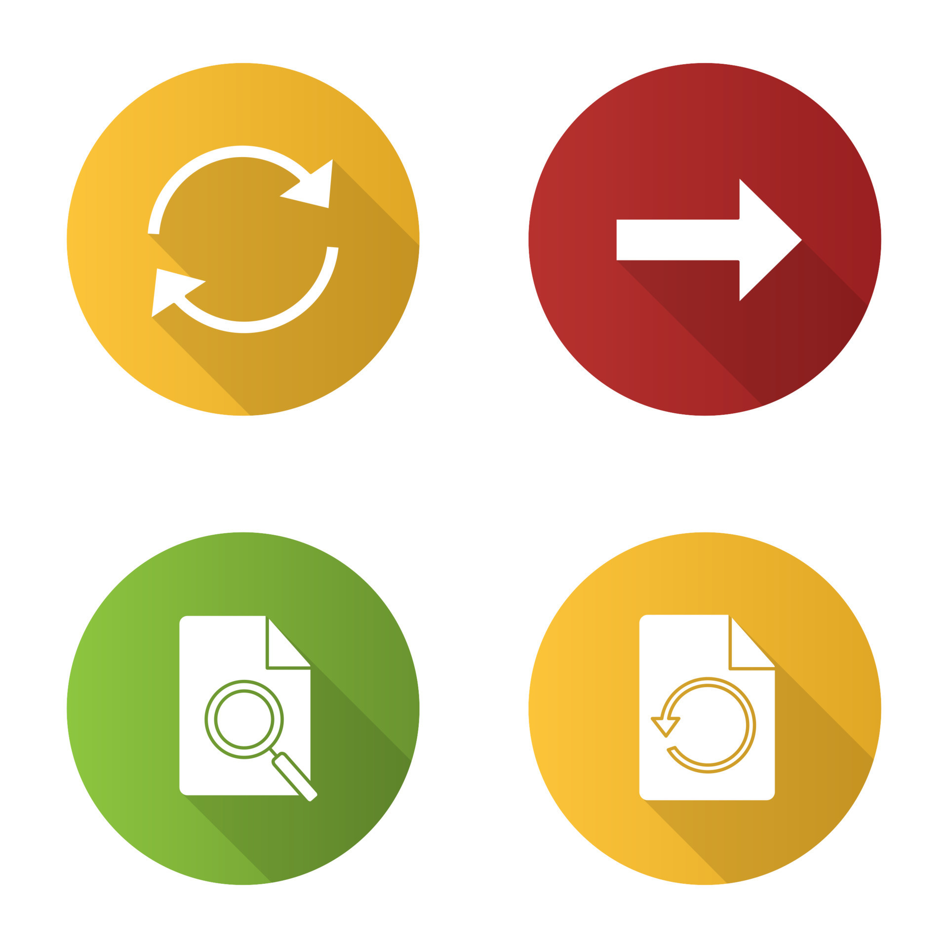 UI UX flat design long shadow glyph icons set. Refresh arrow, next ...