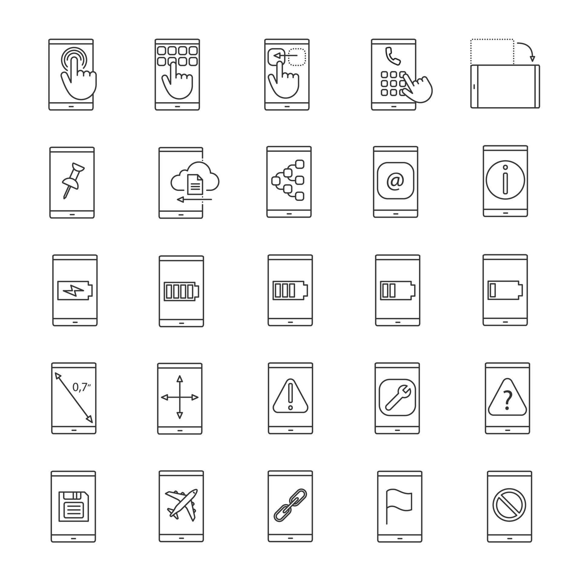 Smartphone linear icons set. Internet connection, data transfer, apps, communication. Thin line ...