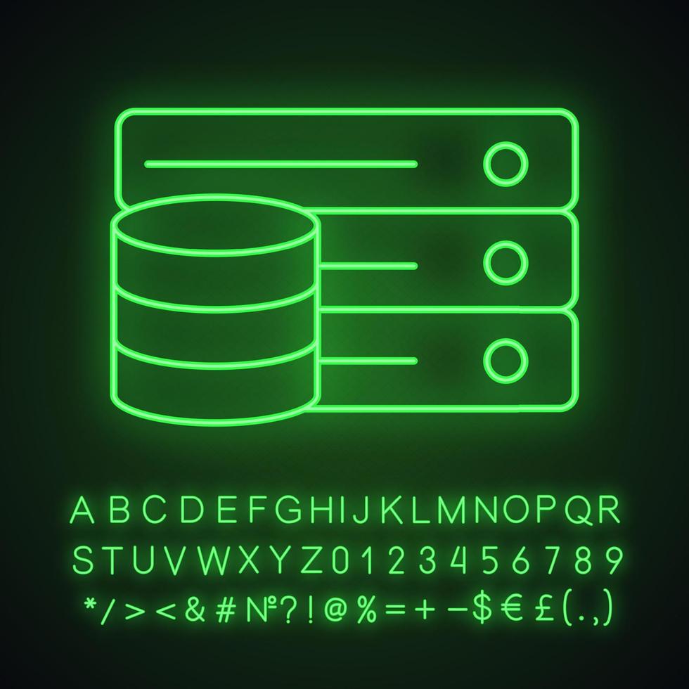 Database neon light icon. Digital storage. Server. Big data. Glowing sign with alphabet, numbers ...