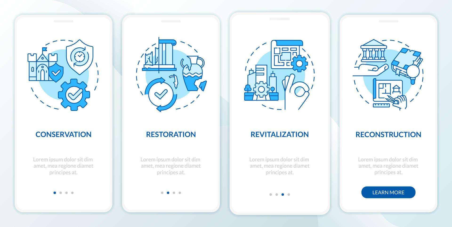 Cultural Heritage Preservation Types Blue Onboarding Mobile App Screen Walkthrough 4 Steps