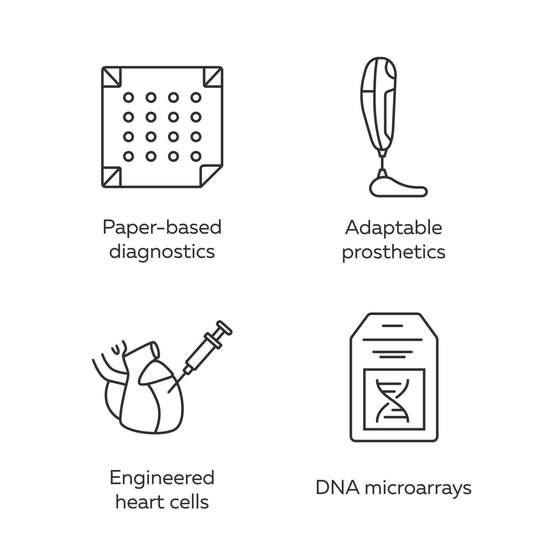 Bioengineering linear icons set. Diagnostics, adaptable prosthetics ...