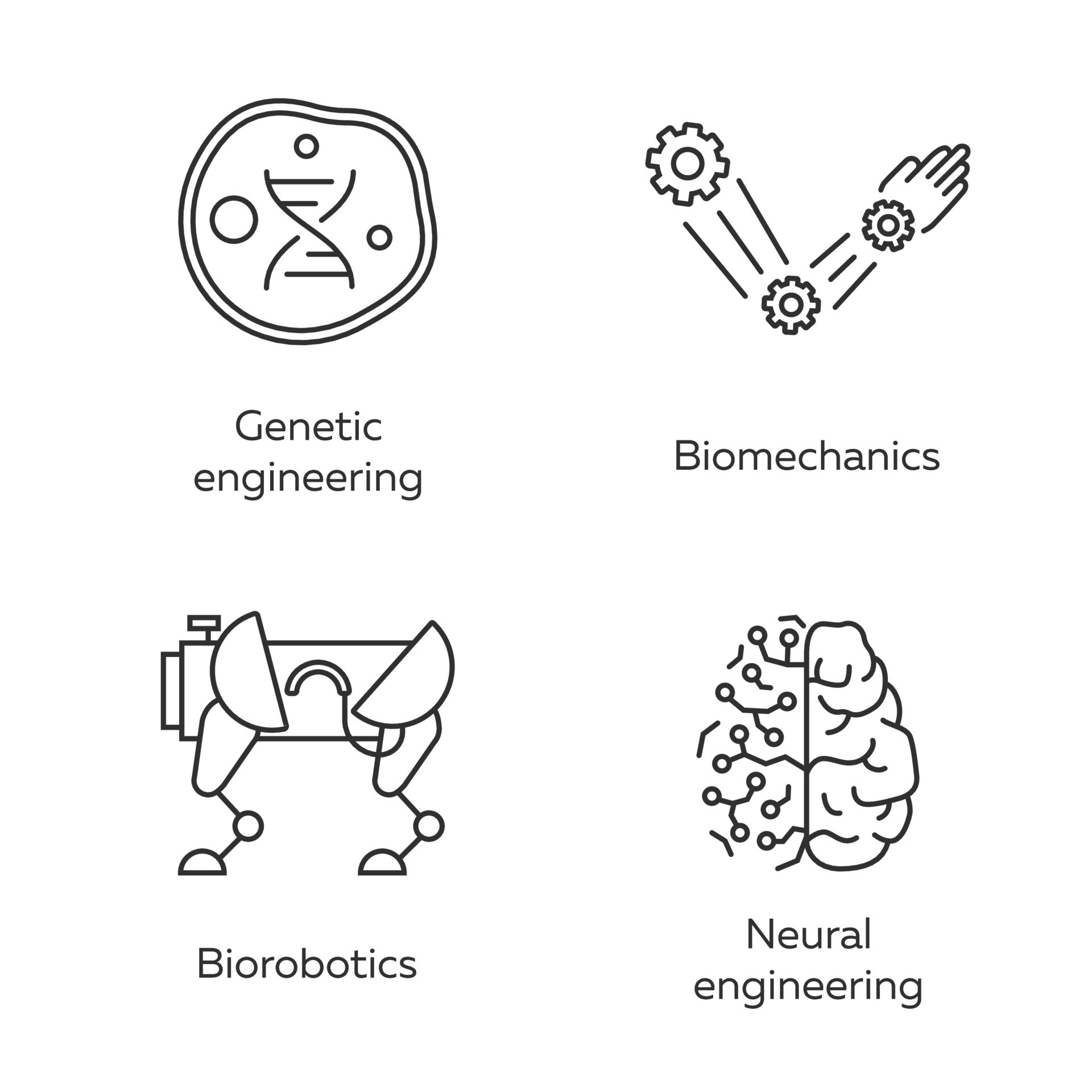 Bioengineering linear icons set. Genetic engineering, biomechanics, biorobotics, neural ...