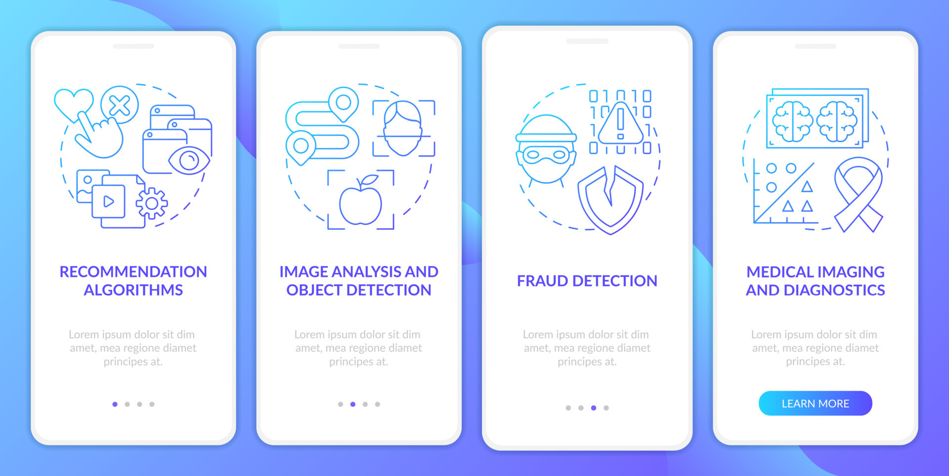 Use Of Machine Learning Blue Gradient Onboarding Mobile App Screen Walkthrough 4 Steps Graphic