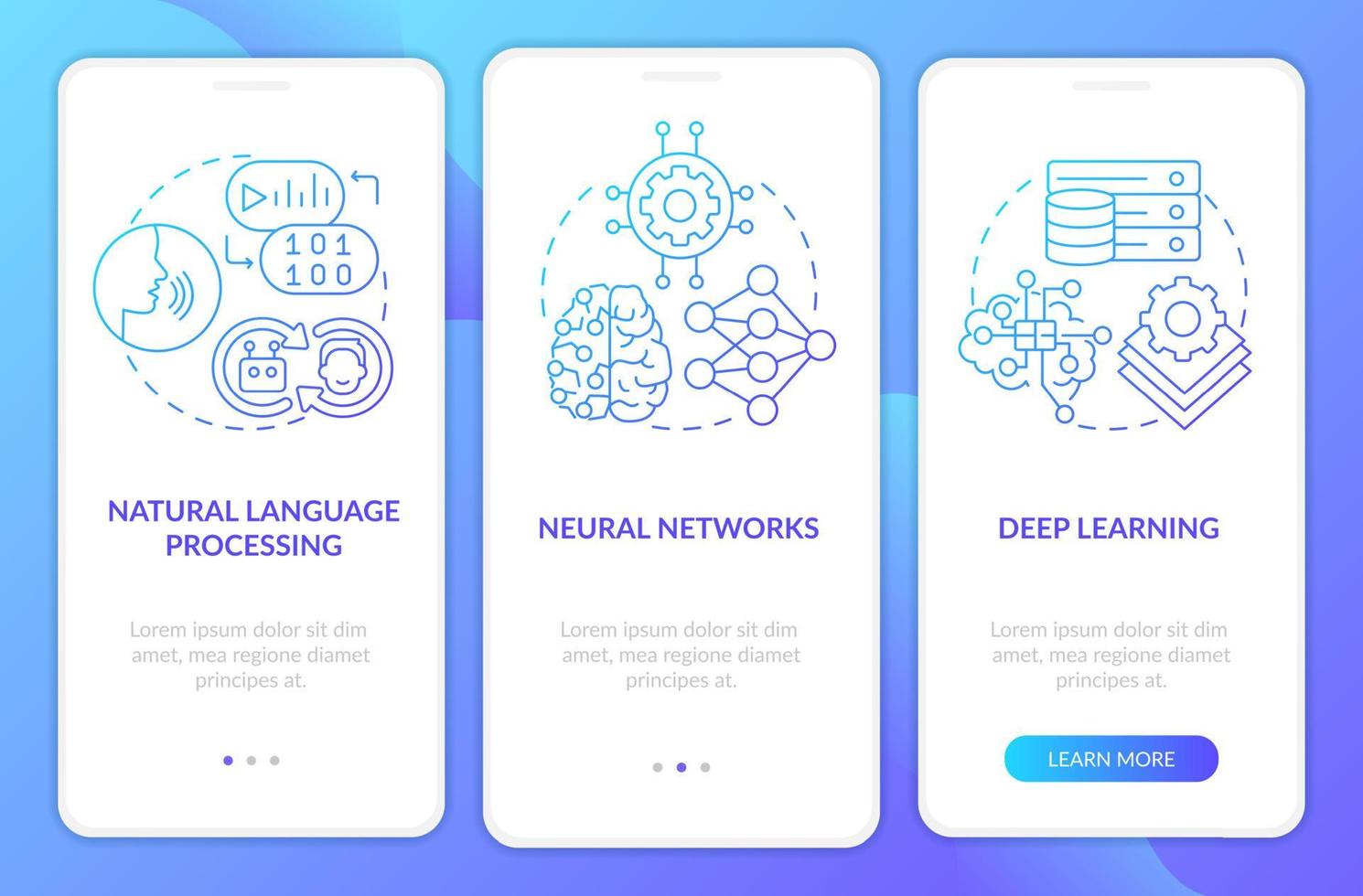 Fields Of Machine Learning Blue Gradient Onboarding Mobile App Screen Walkthrough 3 Steps