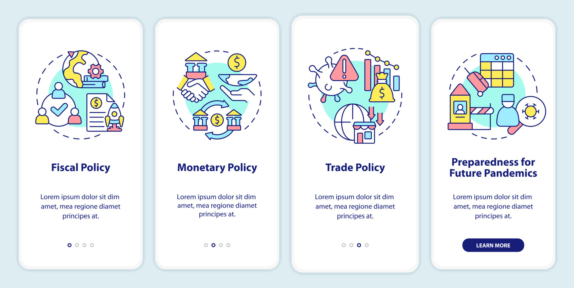 Cooperation for recovery after covid onboarding mobile app screen. Walkthrough 4 steps graphic ...