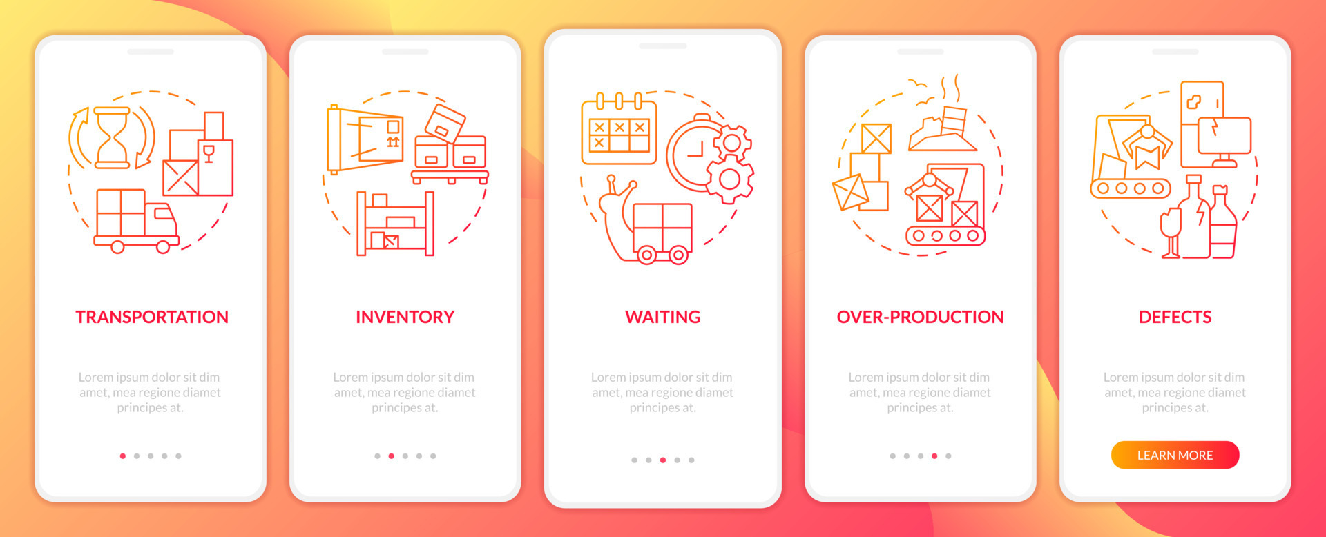 Types Of Muda Red Gradient Onboarding Mobile App Screen Production